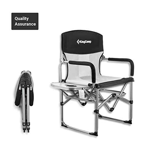 KingCamp Camping Director Chair for Adults Heavy Duty Folding Lawn for Outside with Side Table Mesh Back Padded Armrest for Outdoor Beach Backyard, Support 300 lbs, Black/Mediumgrey