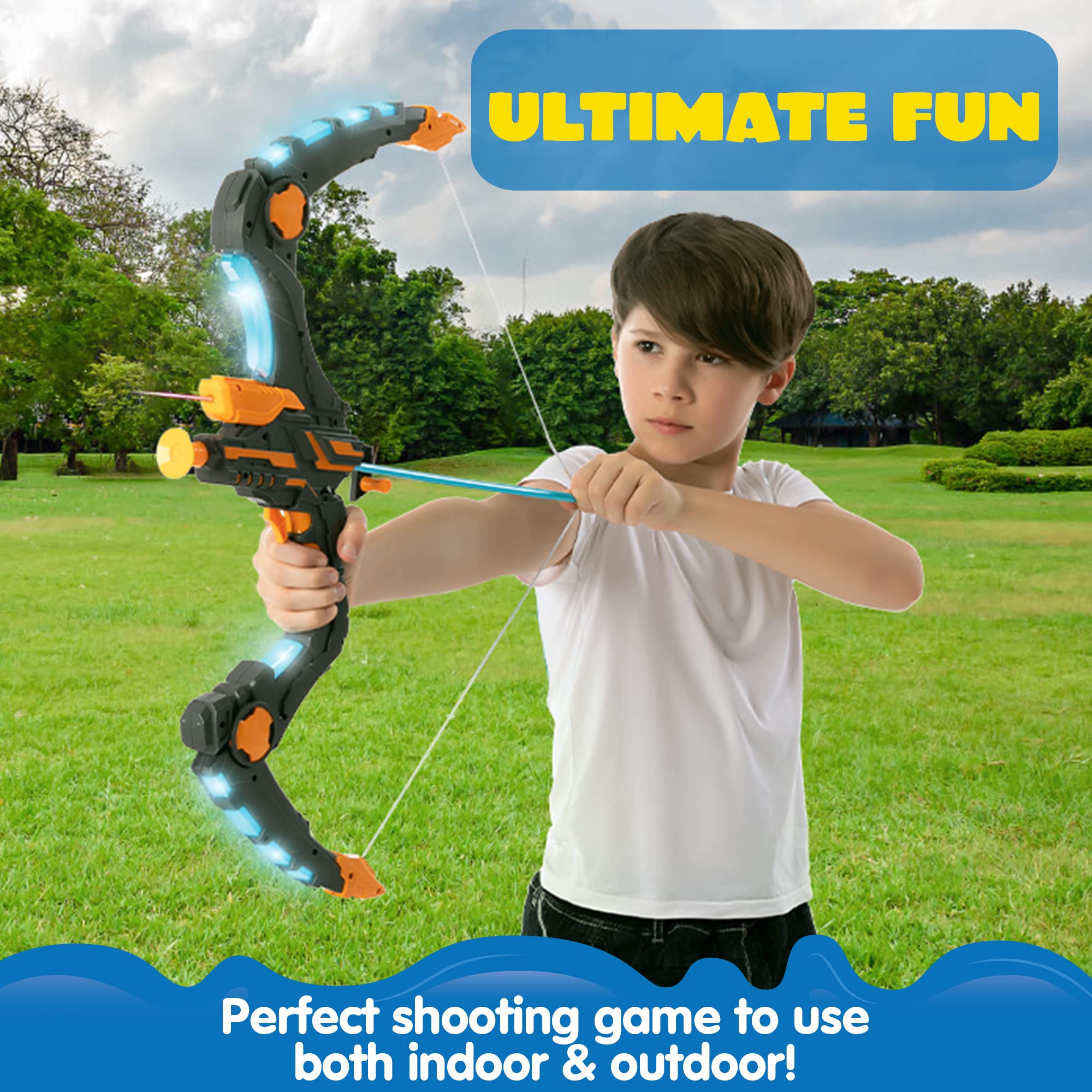 JOYIN Bow and Arrow for Kids with LED Flash Lights - Archery Bow with 9 Suction Cups Arrows, Target and Arrow Case for Outdoor Play (Black Blue)