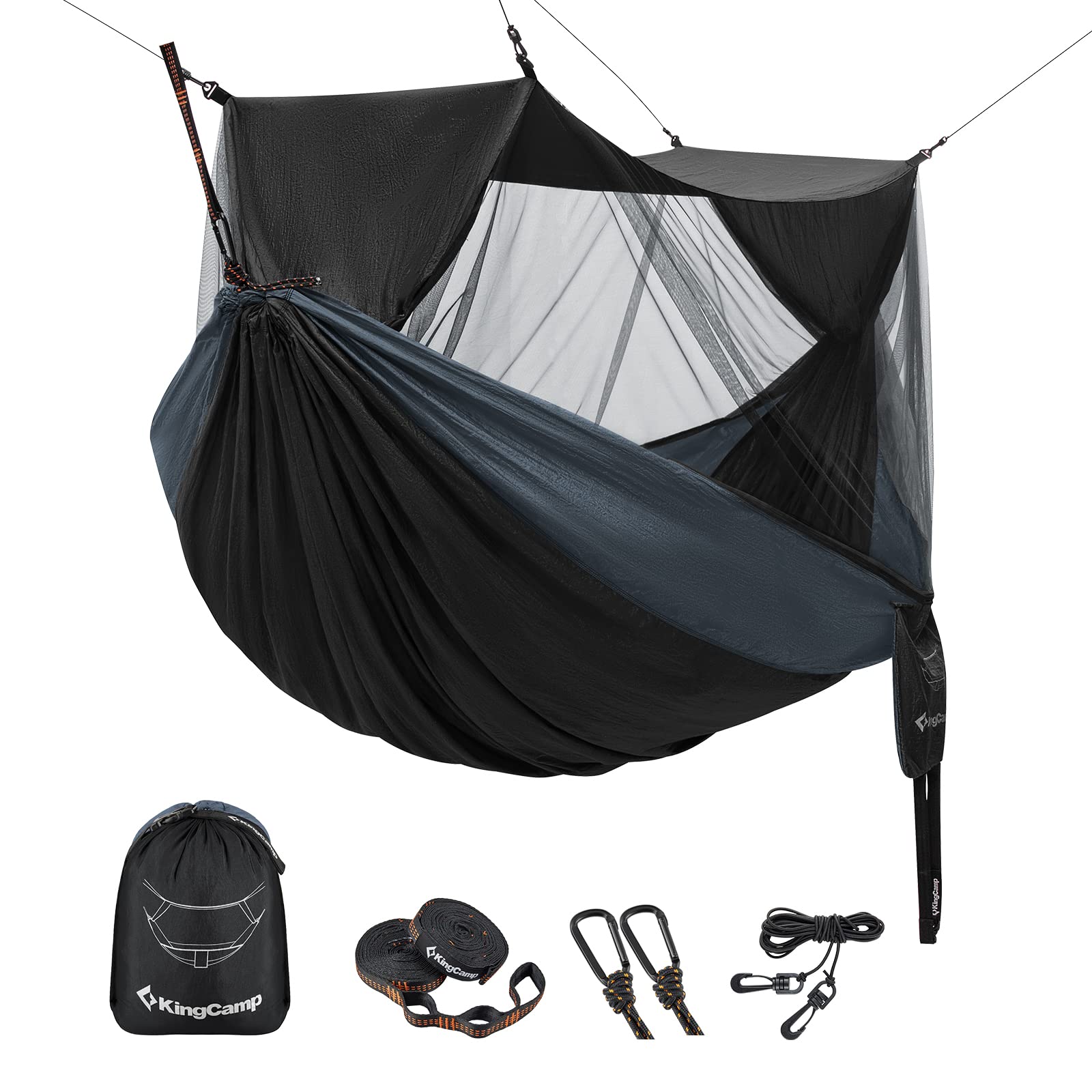 KingCamp Camping Hammock with Net, Double & Single Portable Hammock add Sunshade Cloth Lightweight Tree Hammocks for Outside Camping Travel Backpacking Backyard Support to 550lbs, Tree Straps (Black)