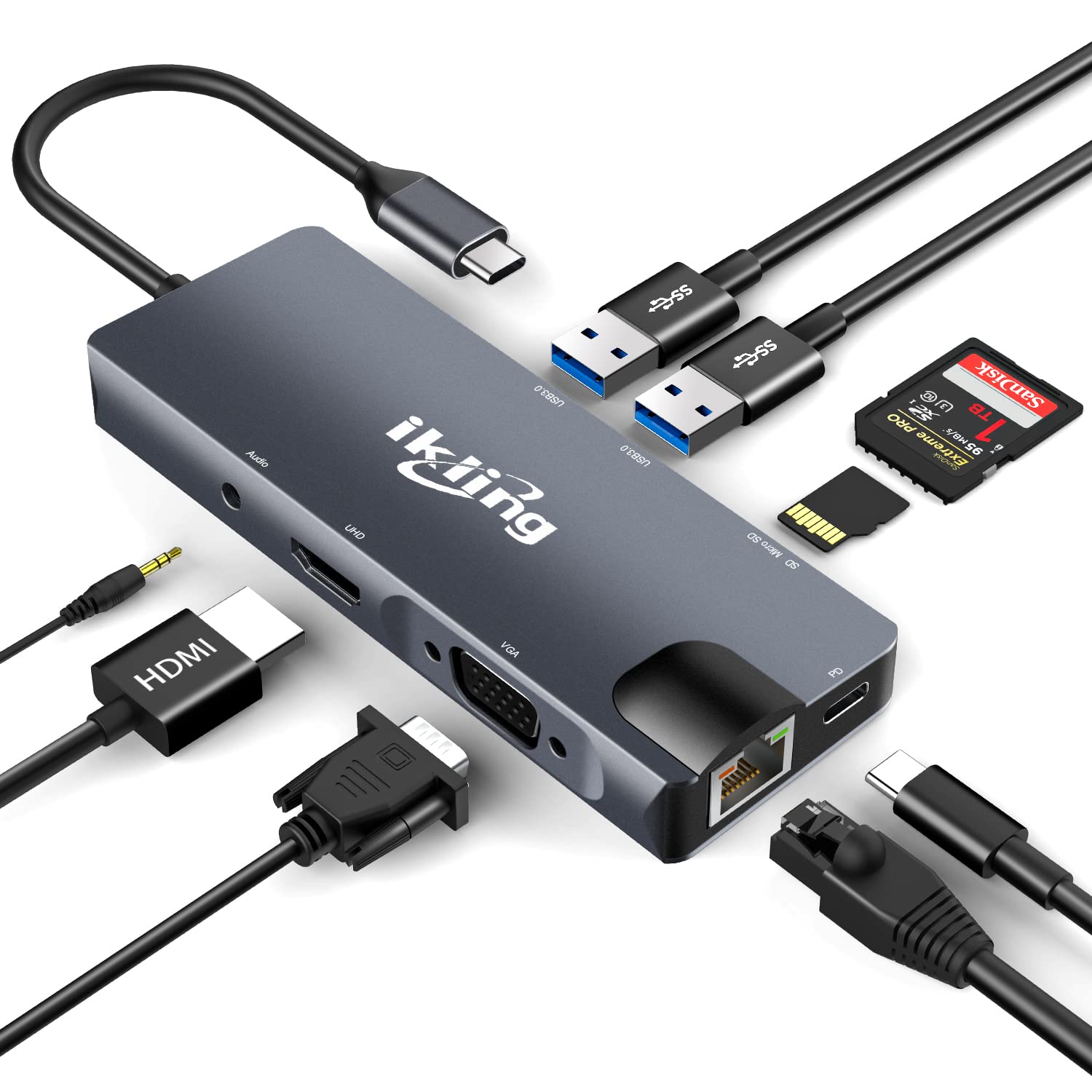ikling USB C Hub, 9-in-1 USB C Adapter with 4K USB C to HDMI, VGA, Gigabit Ethernet, 100W PD, 2 USB-A 5 Gbps, MicroSD/SD Card Reader, USB C Dock for Most Type-C Devices