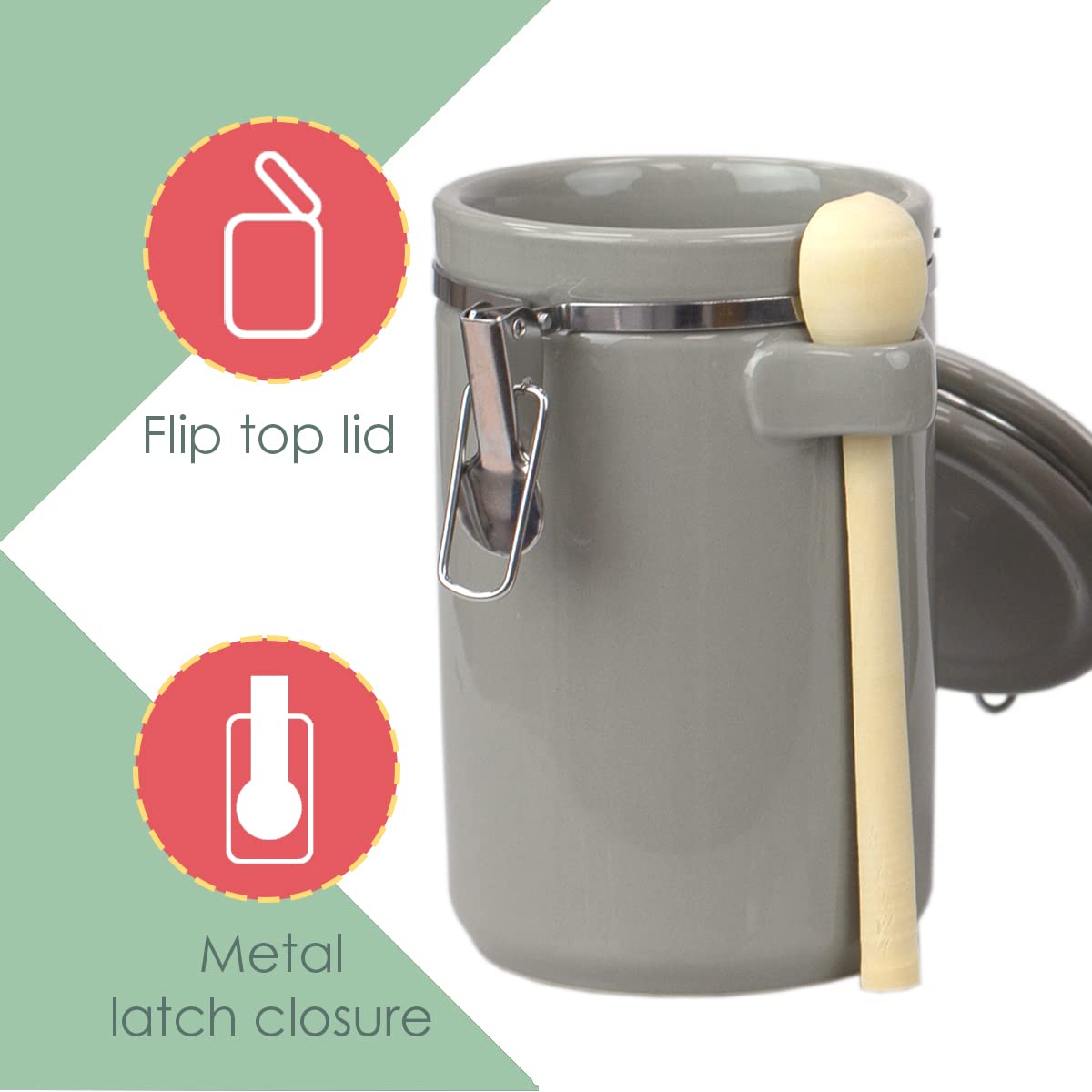 Home Basics Canister Sets For The Kitchen (4 Piece Set) Grey, High Gloss Ceramic Decorative Kitchen Set | With Wooden Spoons, Countertop Set For Flour, Sugar, Coffee, and Snacks