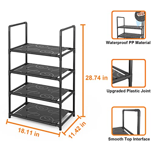 Small Shoe Rack, 4-Tier Narrow Shoe Shelf Storage for Closet Entryway Skinny Shoe Organizer Metal Black Stackable Shoe Stand