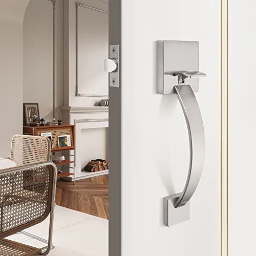 Tinewa Main Front Door Handle with Knob Inside, Low Profile Front Door Lock Handleset with Halifax Satin Nickel Finish, Reversible for Right and Left Handed,