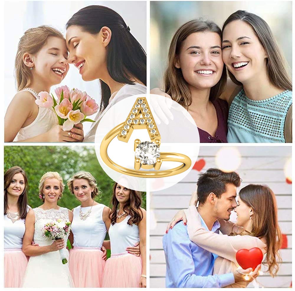 Haoze Initial Letter Ring for Women Gold Stackable Alphabet Rings with Initial Adjustable Crystal Inlaid Initial Rings Bridesmaid Gift(A Gold)