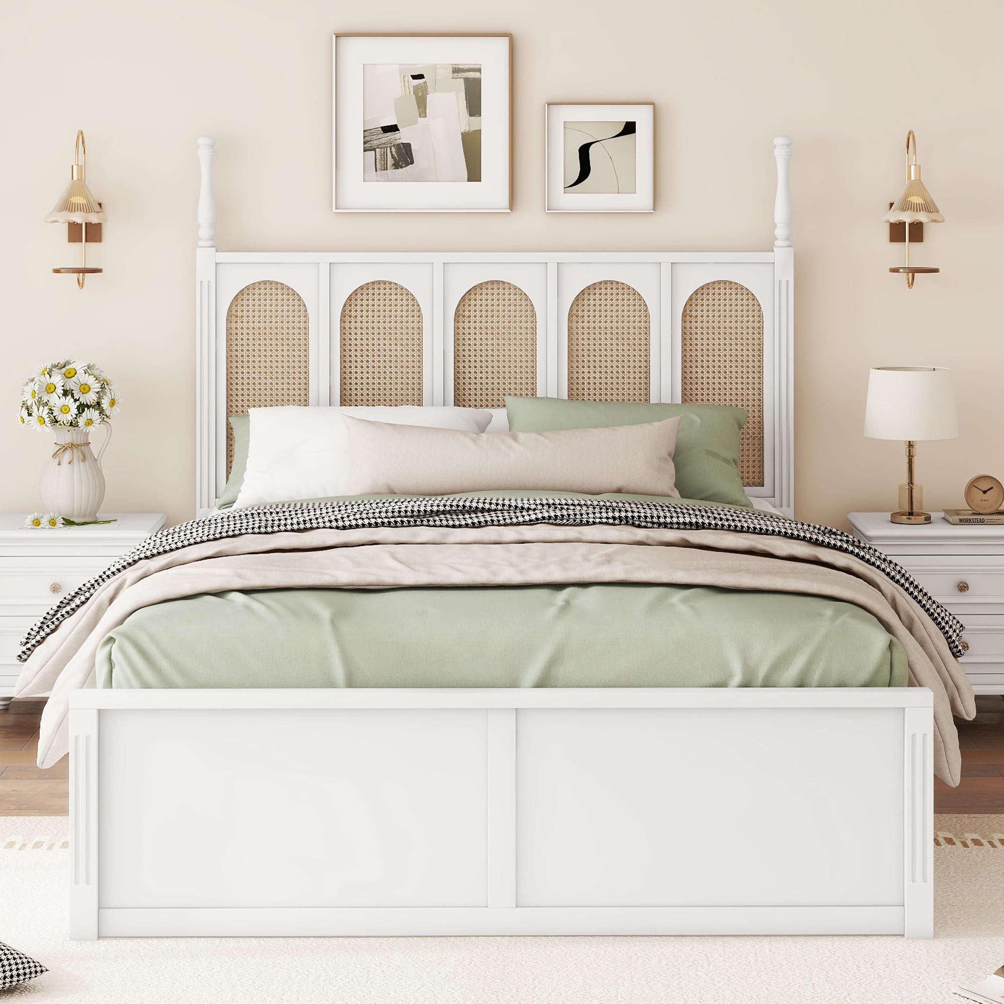 SOFTSEA Queen Size Platform Bed with Trundle and 2 Storage Drawers, Wood Platform Bed with Rattan Headboard, Rattan Bed Frame with Wood Support Slats, No Box Spring Needed, White