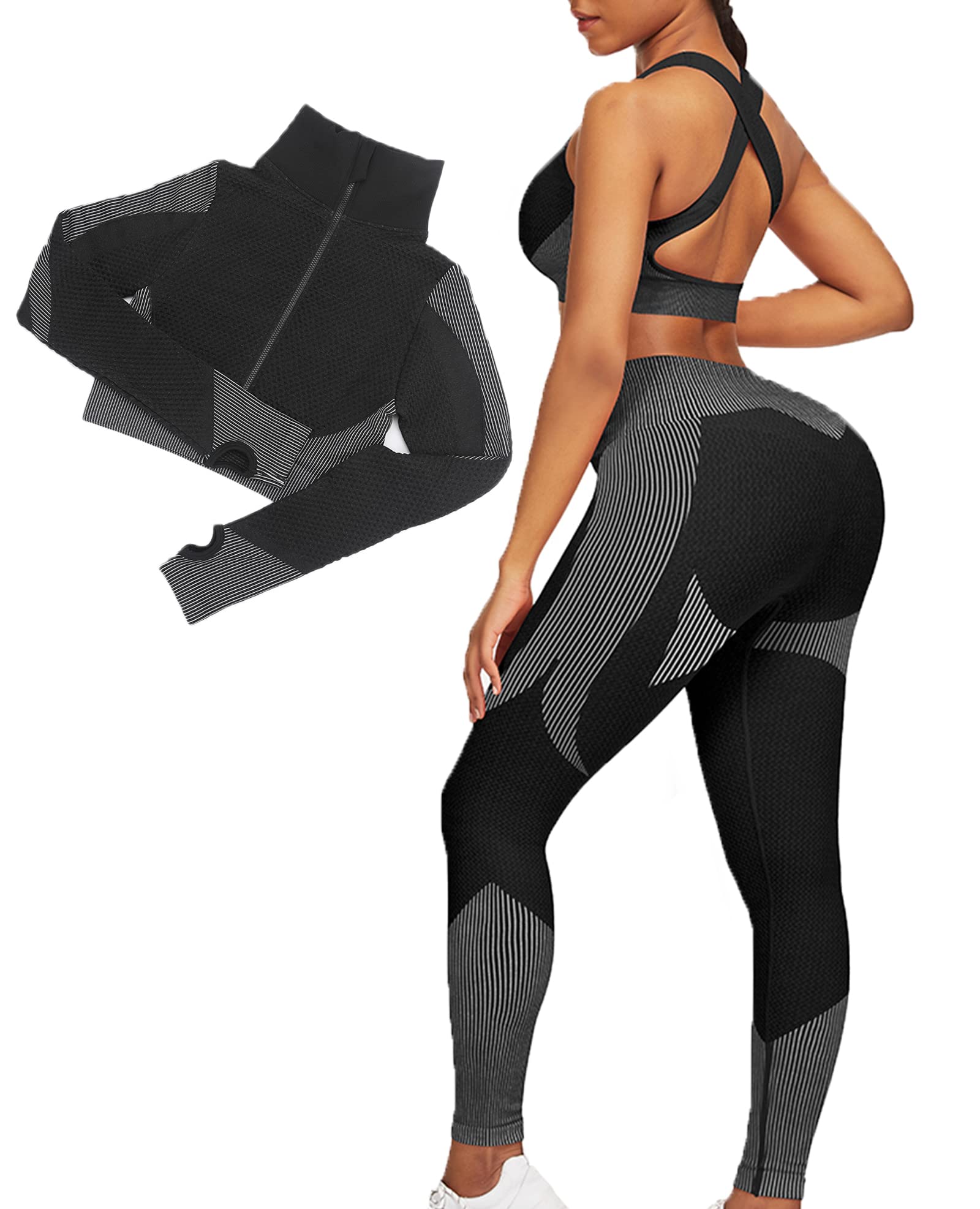 JOYMODE Workout Sets for Women Longsleeve Active Wear Outfits Crop Top High Waist Sport Bra Leggings Set