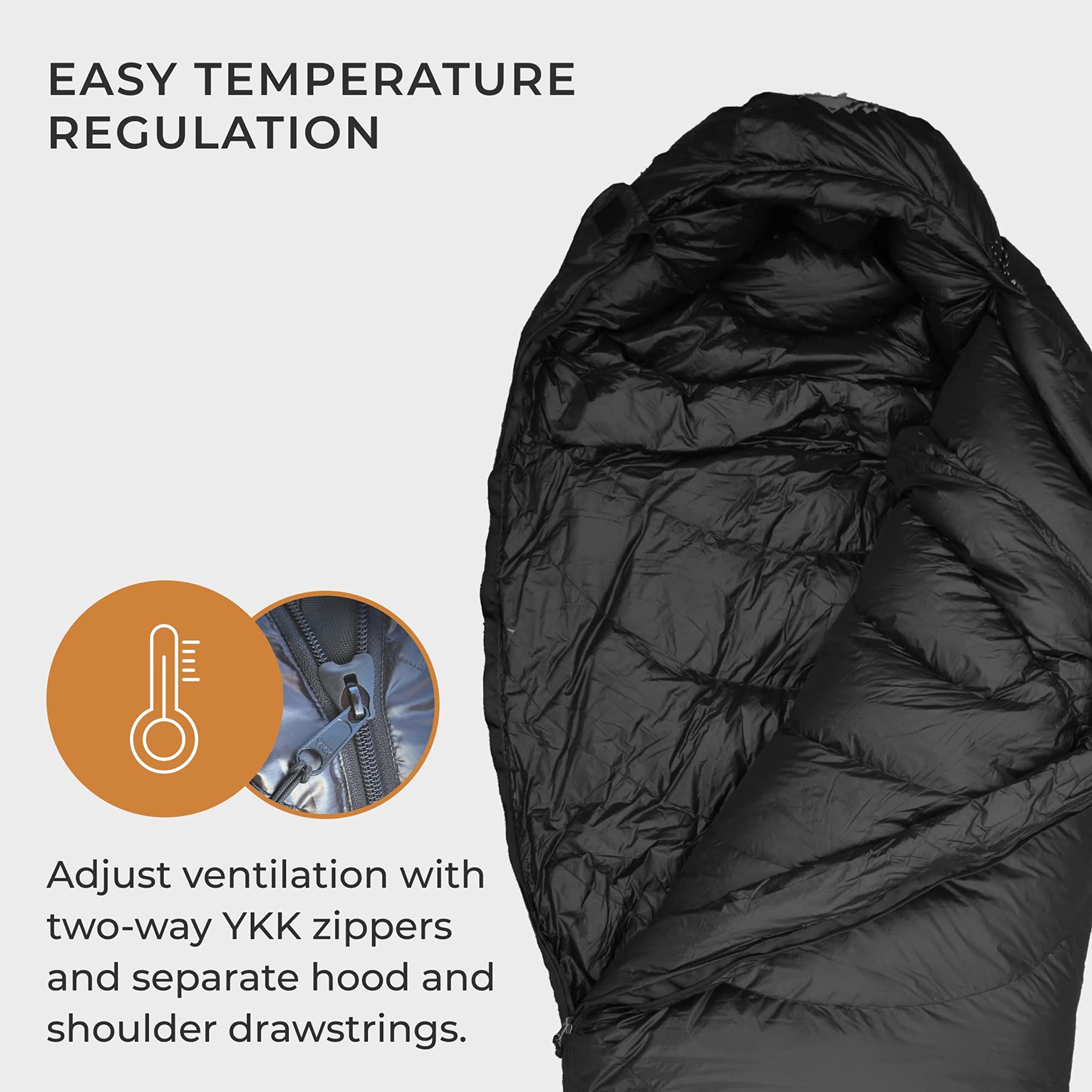 Hyke & Byke Shavano 32 F Hiking & Backpacking Sleeping Bag - 3 Season, 650FP Duck Down Sleeping Bag - Ultralight - Black - 78in - Regular