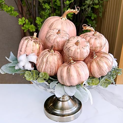 Winlyn 10 Pcs Assorted Artificial Gold Brushed Pink Pumpkins Rustic Decorative Pumpkins Foam Pumpkins for Farmhouse Fall Wedding Baby Shower Halloween Tabletop Centerpiece Mantel Decoration