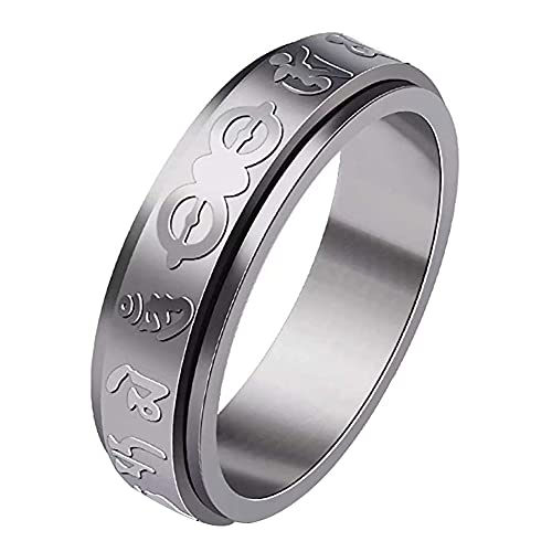 JAJAFOOK 316L Stainless Steel Tibetan Buddhist Mantra Scriptures Om Mani Padme Hum Lucky Spinner Ring，Silver 9