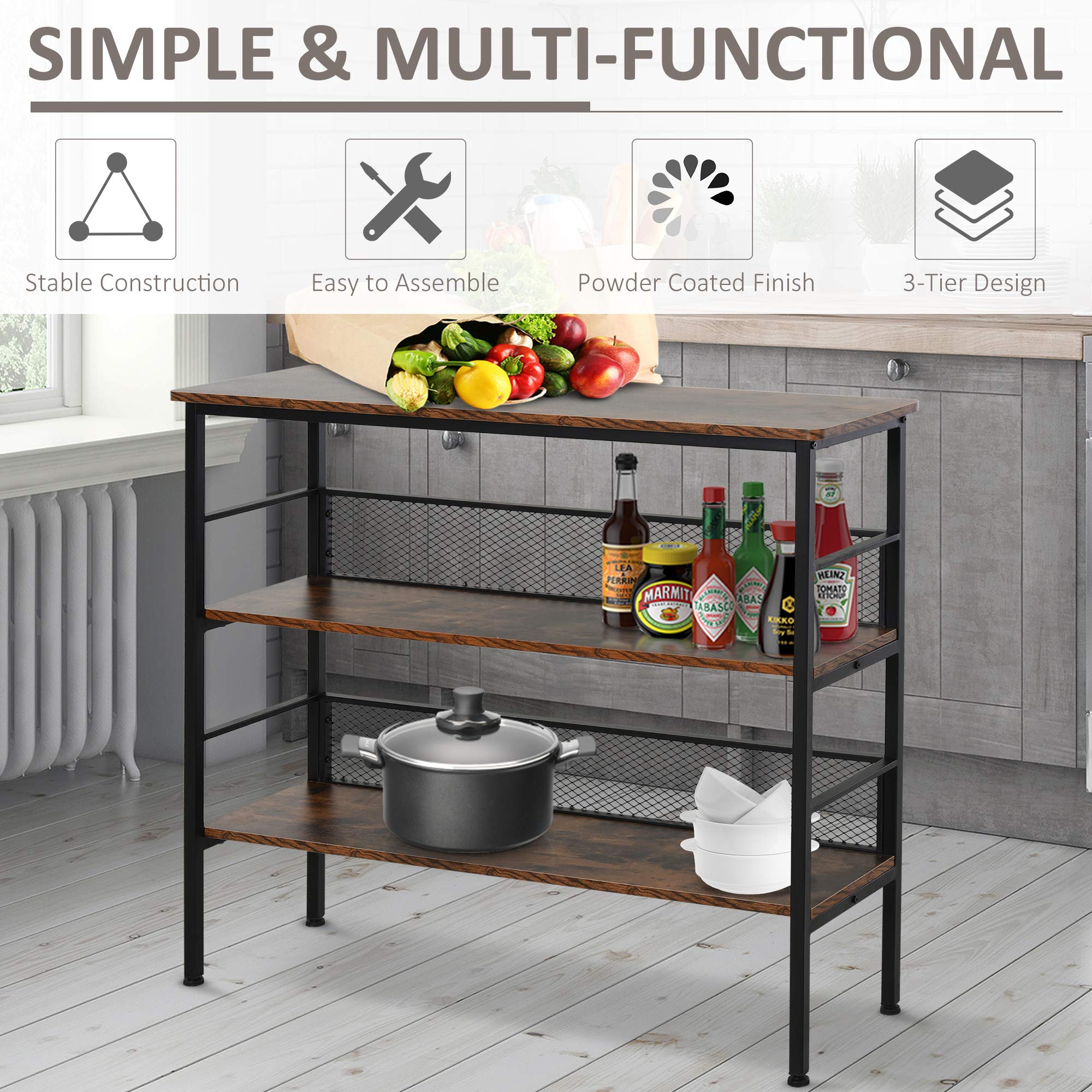 HOMCOM 3-Tier Console Table Industrial Style Storage Metal Wooden Shelf with a Robust Multi-Functional Design & Adjustable Feet, Black