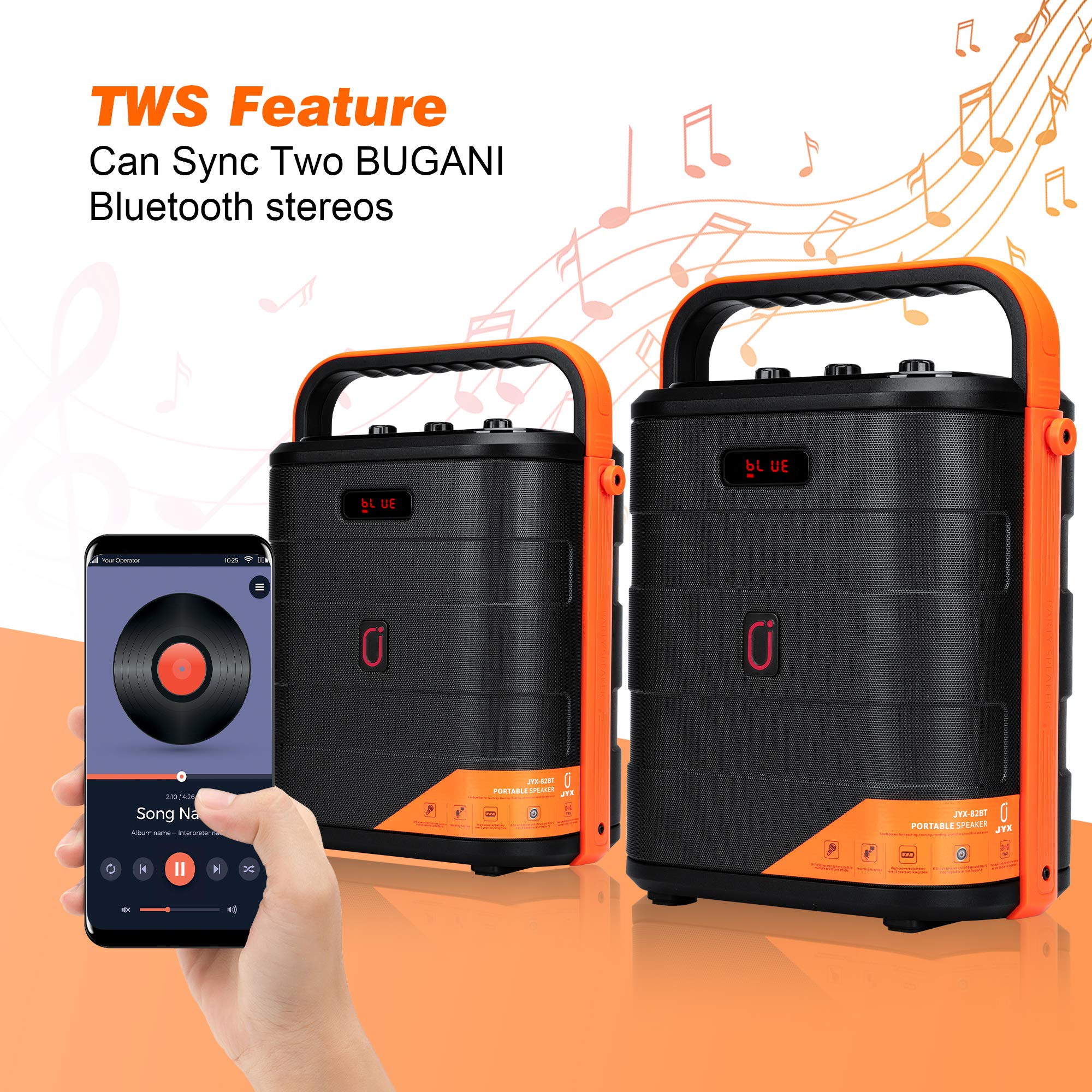 JYX 82BT Karaoke Machine with UHF Microphone, Portable Bluetooth Speaker with FM Radio, REC, TWS, Remote Control, Supports TF/USB/AUX for Home,Party, Event