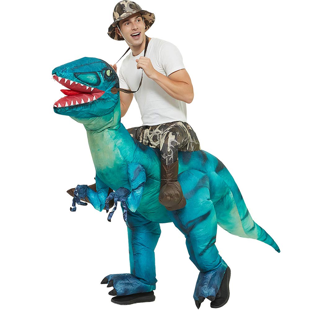 Inflatable Dinosaur Rider Costume Halloween T-Rex, Velociraptor, Blow Up with Inflation Fan (Blue)
