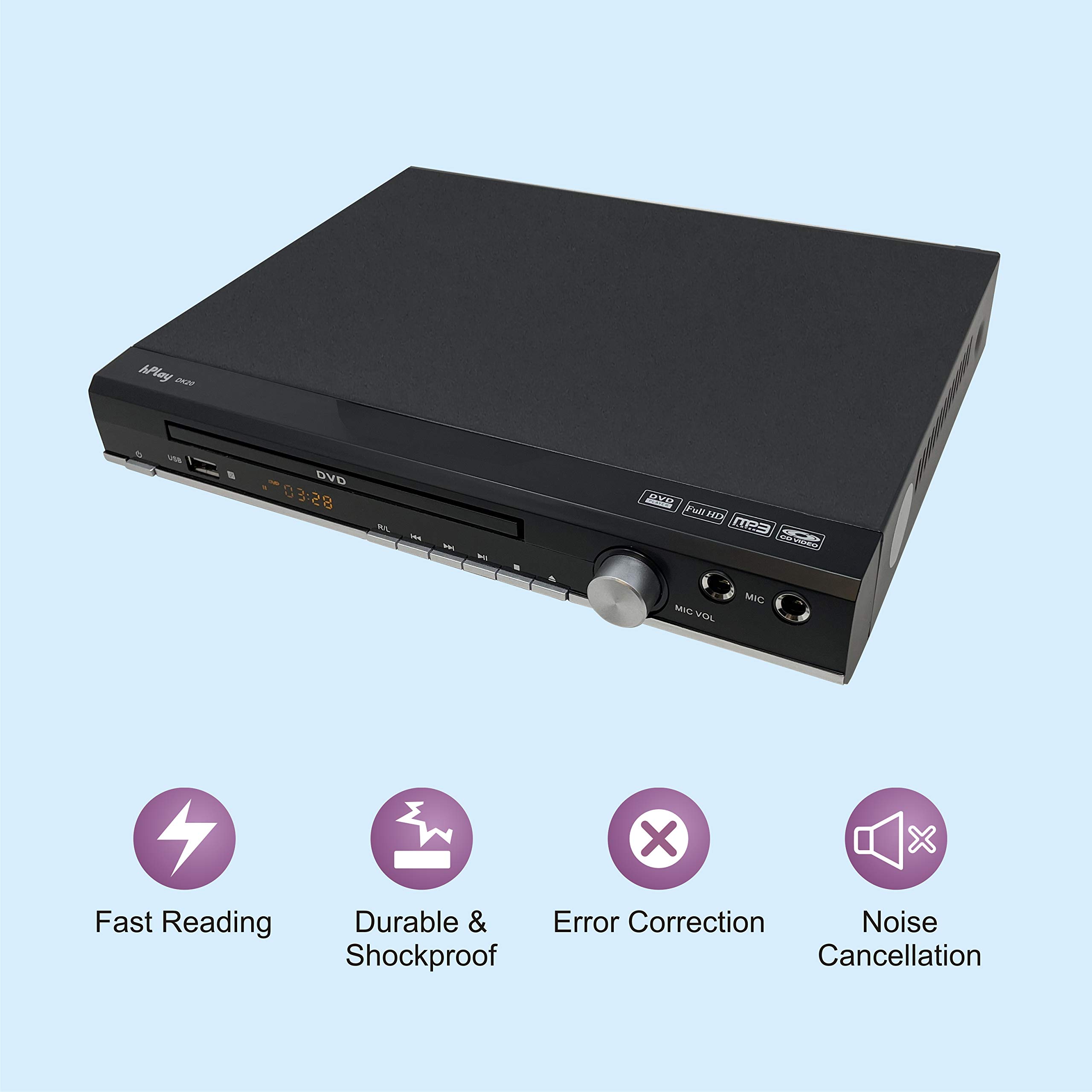 hPlay D20K Upconvert to 1080P DVD, CD Multimedia Player, Region Free, HDMI and RCA Output, USB Port, 2 Microphone Input with Microphone Volume Control (Microphone NOT Included), Top Metal Casing