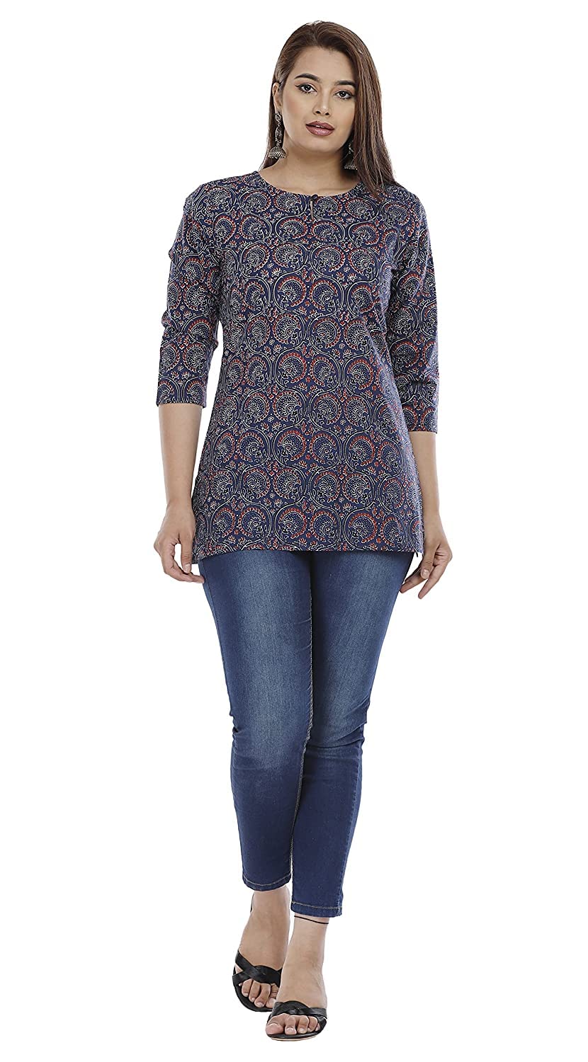 Holy libas Short Kurti for Women's, Blue Printed Straight Cotton Kurta, Round Neck 3/4 Sleeve for Women for Girls (as1, alpha, m, regular, regular, Blue)