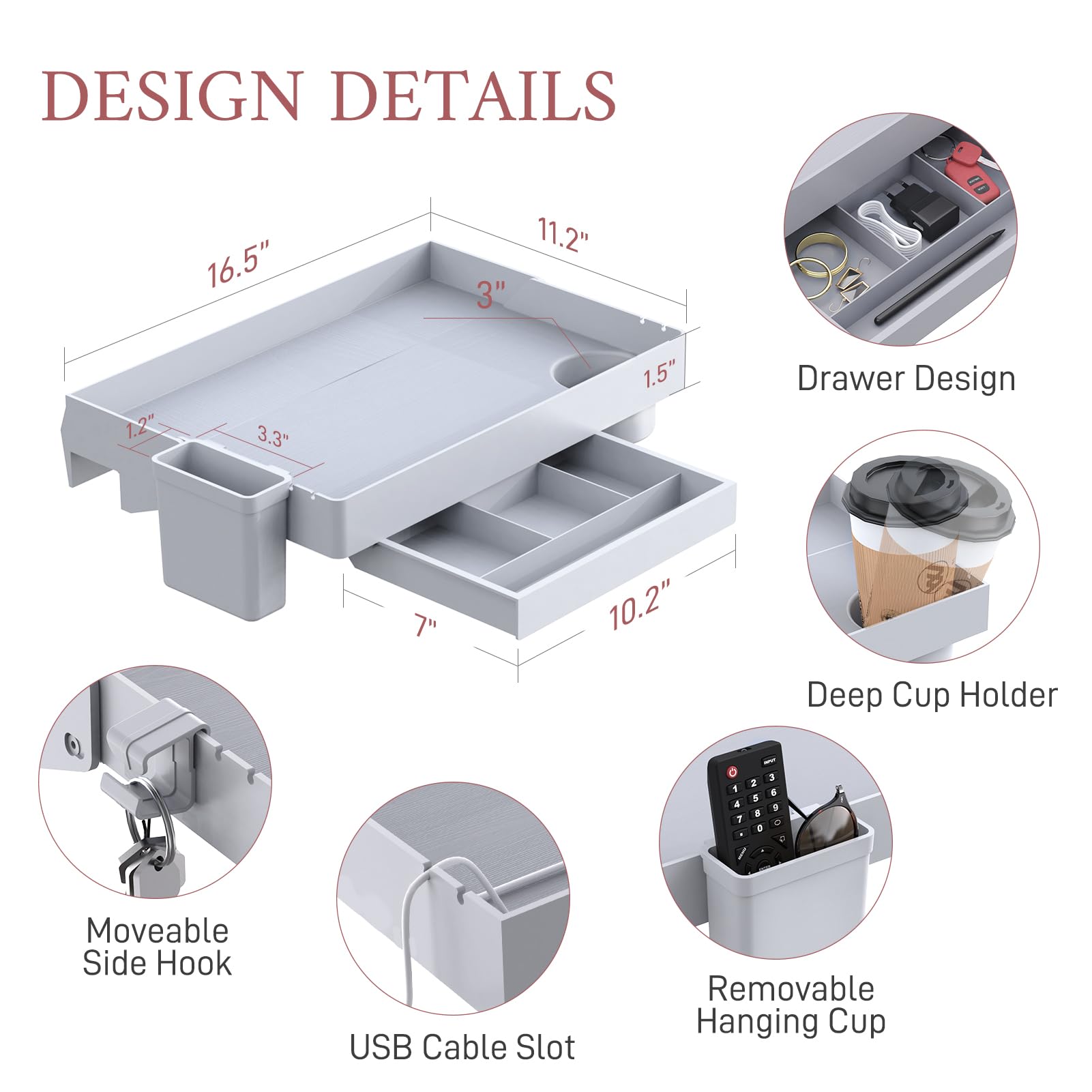 SOLEJAZZ Bedside Shelf for Bed, Foldable Bunk Bed Shelf for Top Bunk Clip On Nightstand with Drawer, College Dorm Essential Table Caddy Tray Organizer Bedroom Shelf, Plus Size with Drawer, Grey