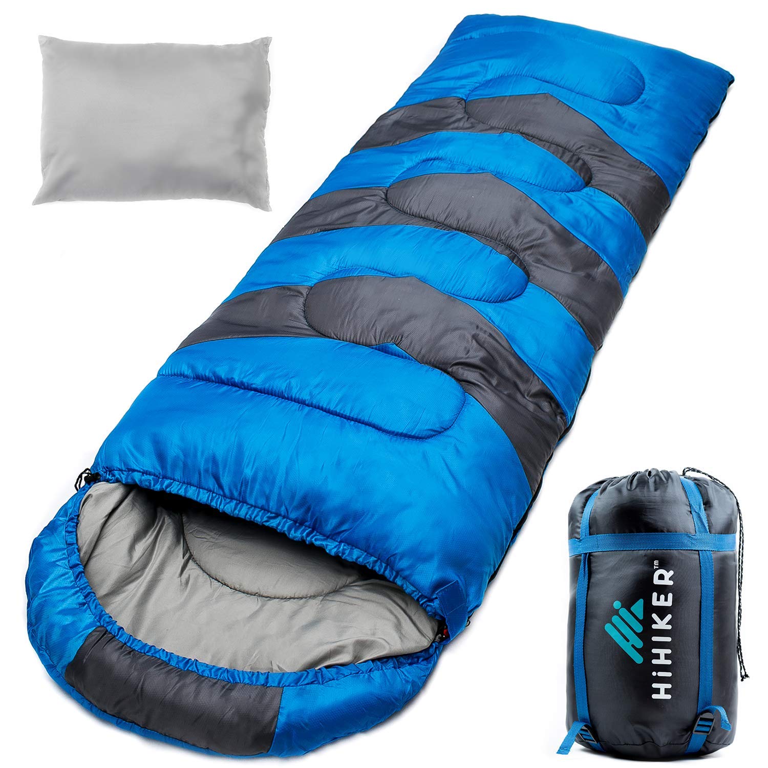 HiHiker Camping Sleeping Bag + Travel Pillow w/Compact Compression Sack – 4 Season Sleeping Bag for Adults & Kids – Lightweight Warm and Washable, for Hiking Traveling & Outdoor Activities (Blue)
