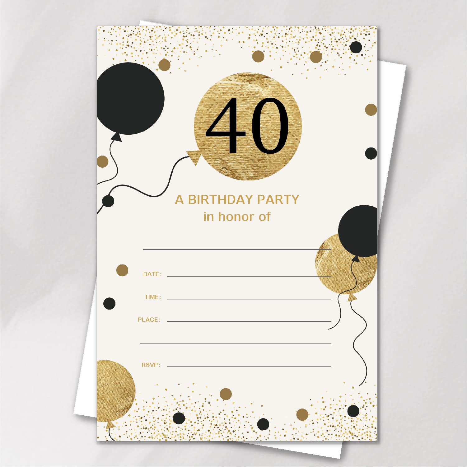 VNWEK 40th Birthday Party Invitations With Envelopes,Black and Gold Balloons Double-sided Printed Birthday Invitation Invite Cards for Women Men,40 Year Old Birthday Invites(20 Sets)
