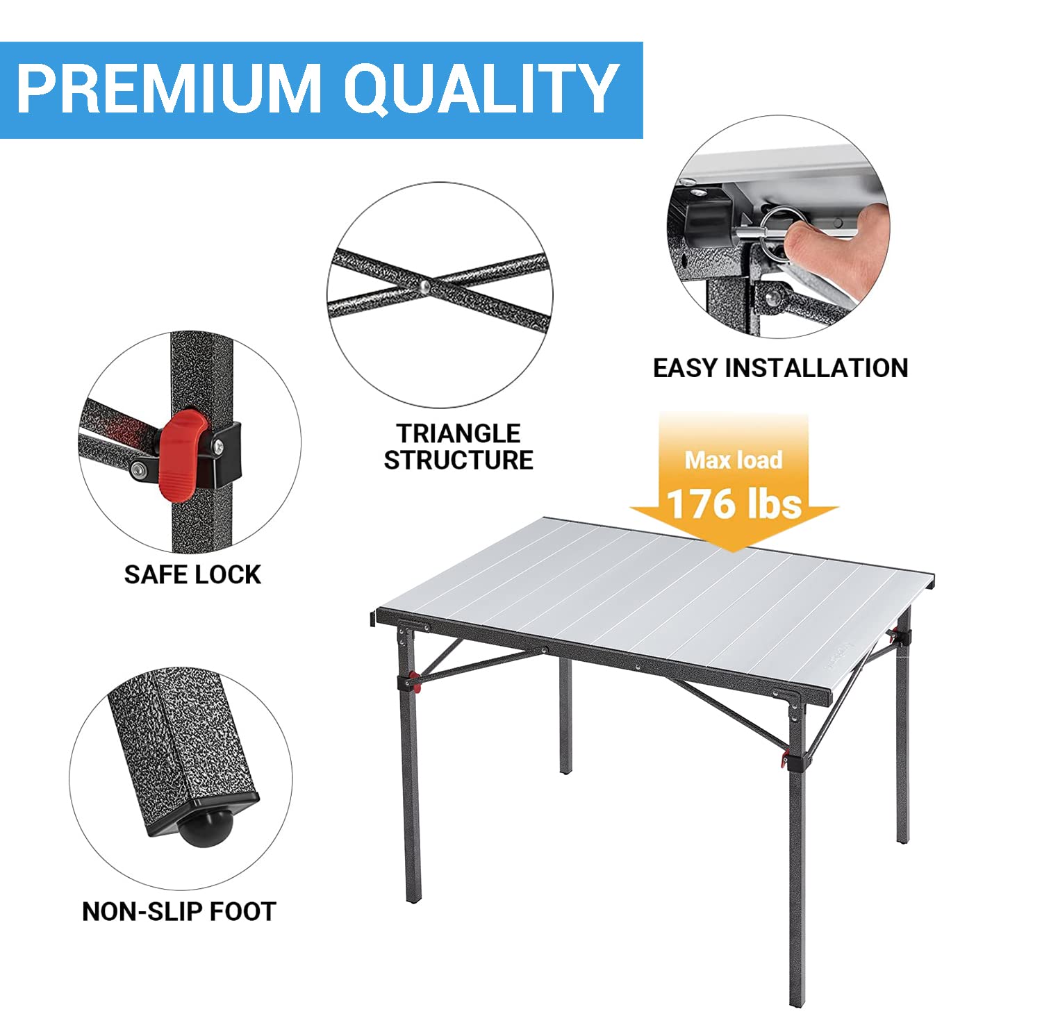 KingCamp Roll Up Aluminum Folding Table Compact Camping Foldable Camp Tables for Travel, Picnic, Party, Barbecue, Outdoor and Indoor, 4-6 Person