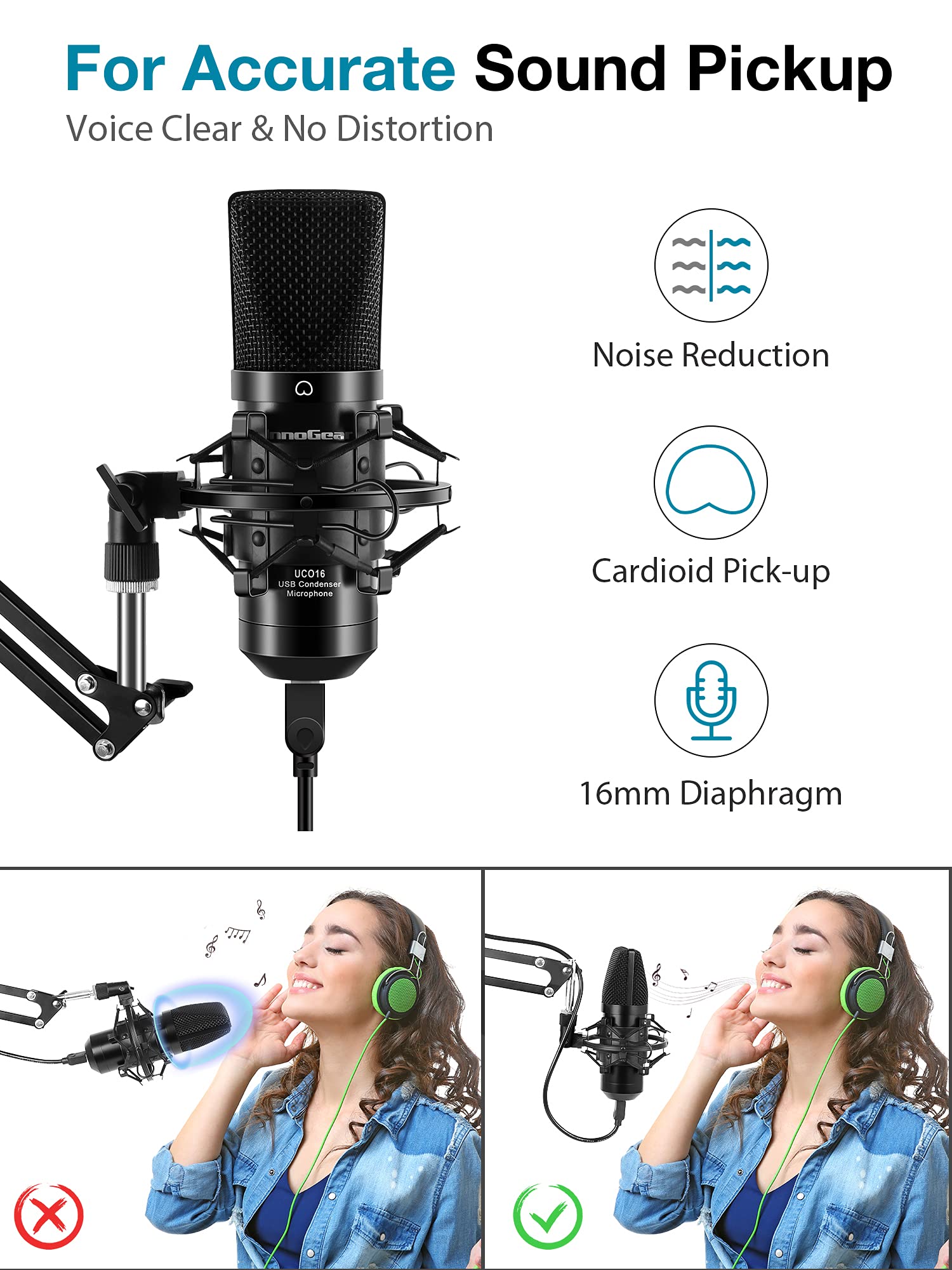InnoGear USB Microphone, 192KHZ/24BIT Plug & Play PC Computer Professional Cardioid Mic for Mac Windows Vista, 7, 8.1, or 10 System with Mic Stand Shock Mount Pop Filter USB Cable