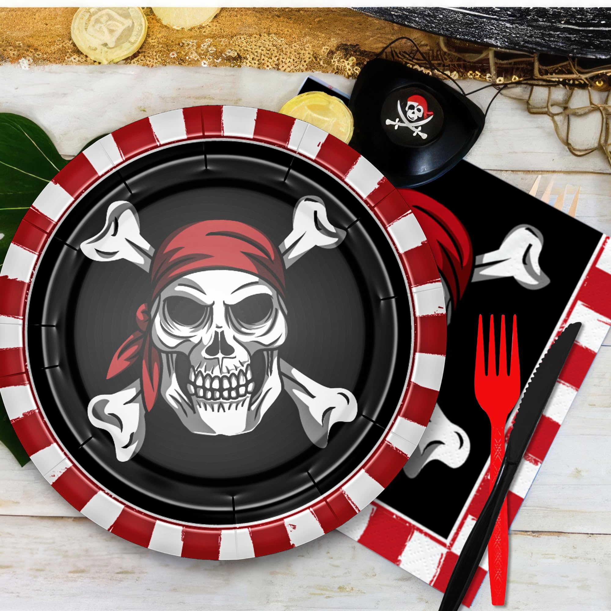 HIPVVILD Skull Pirate Birthday Party Supplies - Pirate Party Decorations Tableware, Plate, Cup, Napkin, Skull Theme Pirate Crossbone Plates And Napkins Party Decorations Dinnerware | Serve 24