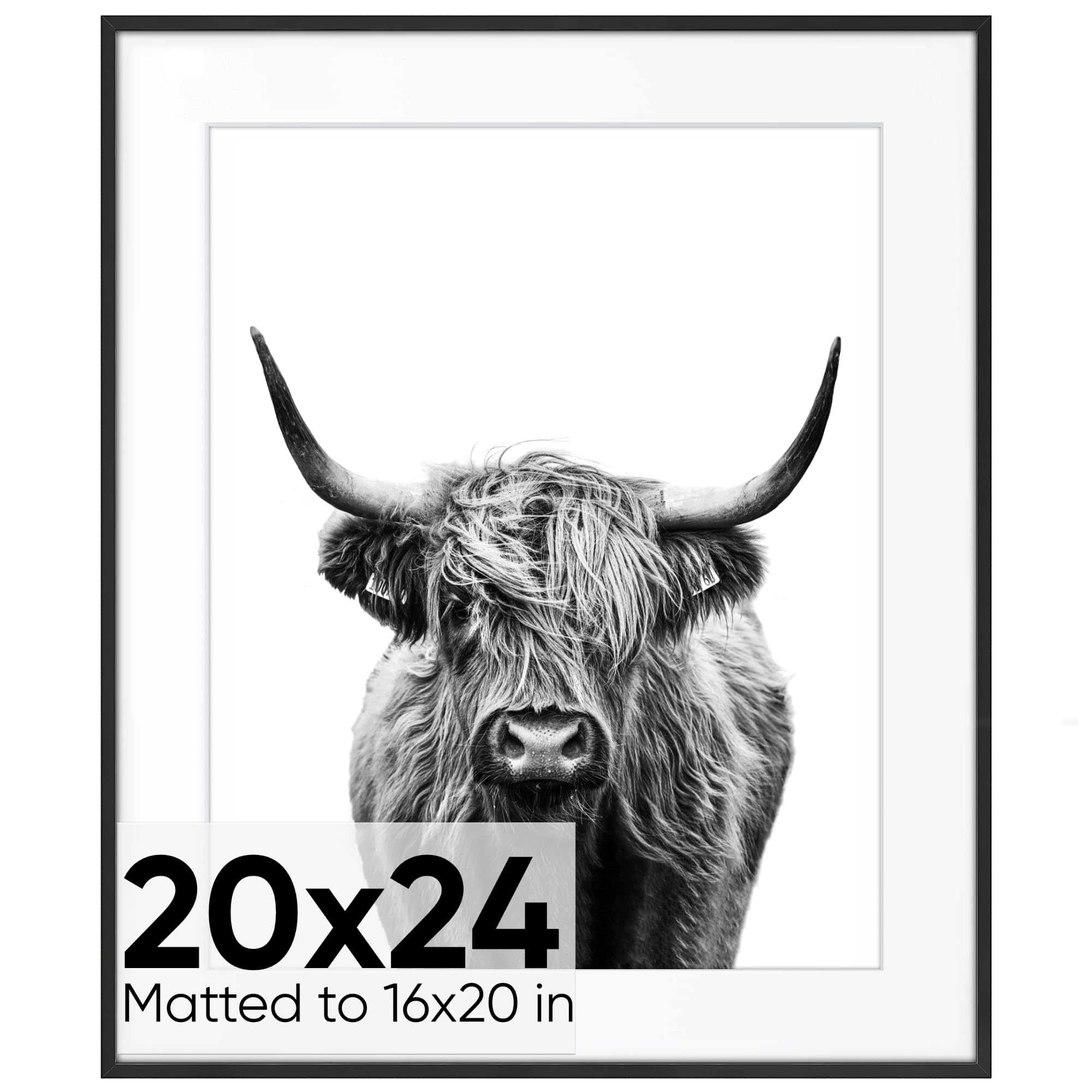 Homeforia 20x24 Black Frame Matted to 16x20 - Metal 20 x 24 Picture Frames For Wall - Aluminum 20 by 24 Poster Frame - Tempered Glass - Wall Hook Included - Set of 1