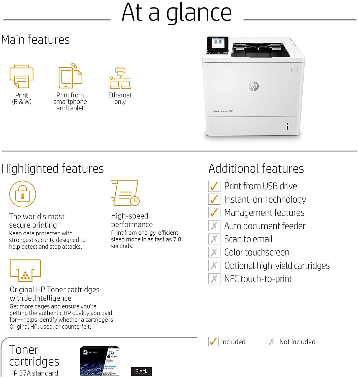 HP Laserjet Enterprise M607 n Single-Function Wired Monochrome Laser Printer, White - Print Only - 2.7" LCD, 55 ppm, 1200 x 1200 dpi, 1.5GB Memory, USB 2.0 and Ethernet Connectivity