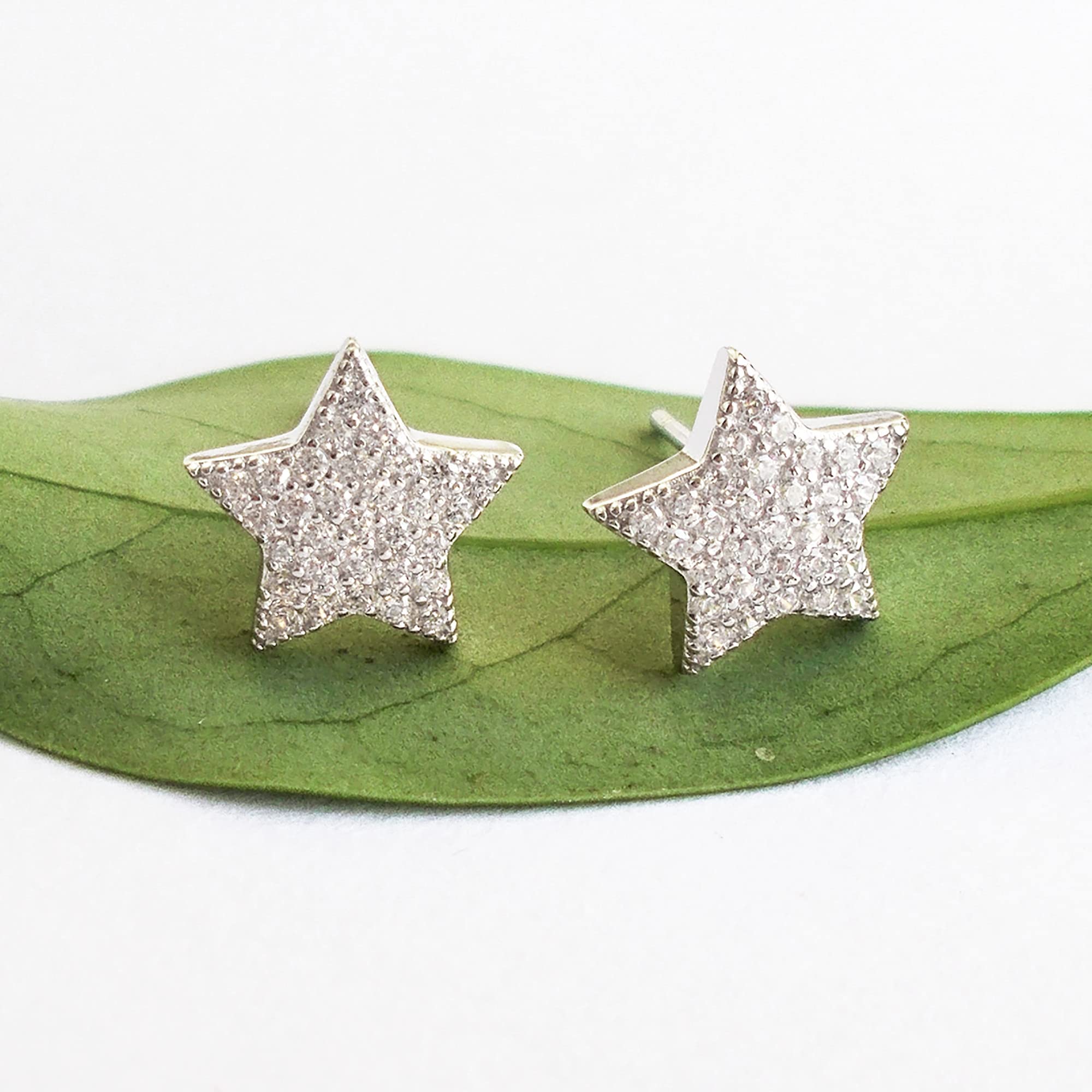 Hiqmic 925 Sterling Silver Fashion Star Rhinestone Ear Stud Earrings Piercing White Gold Plated Jewelry - Silver