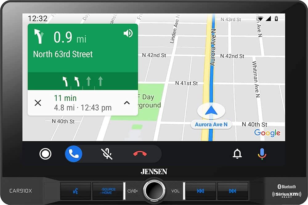 Jensen CAR910X Multimedia 9" Receiver with Apple CarPlay and Android Auto, 1024x600 Resolution, 500 cd/m2 Brightness, 500:1 Contrast Ratio, Back-up Camera Input, Front and Rear USB Inputs