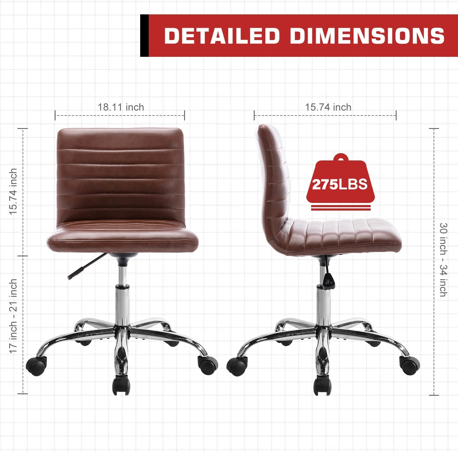 HOMEFLA PU Leather Office Armless-Computer Swivel Rolling Task Home Low Back Makeup Ribbed Desk Chair with Wheels for Bedroom Conference Reception Room (Brown, Retro)
