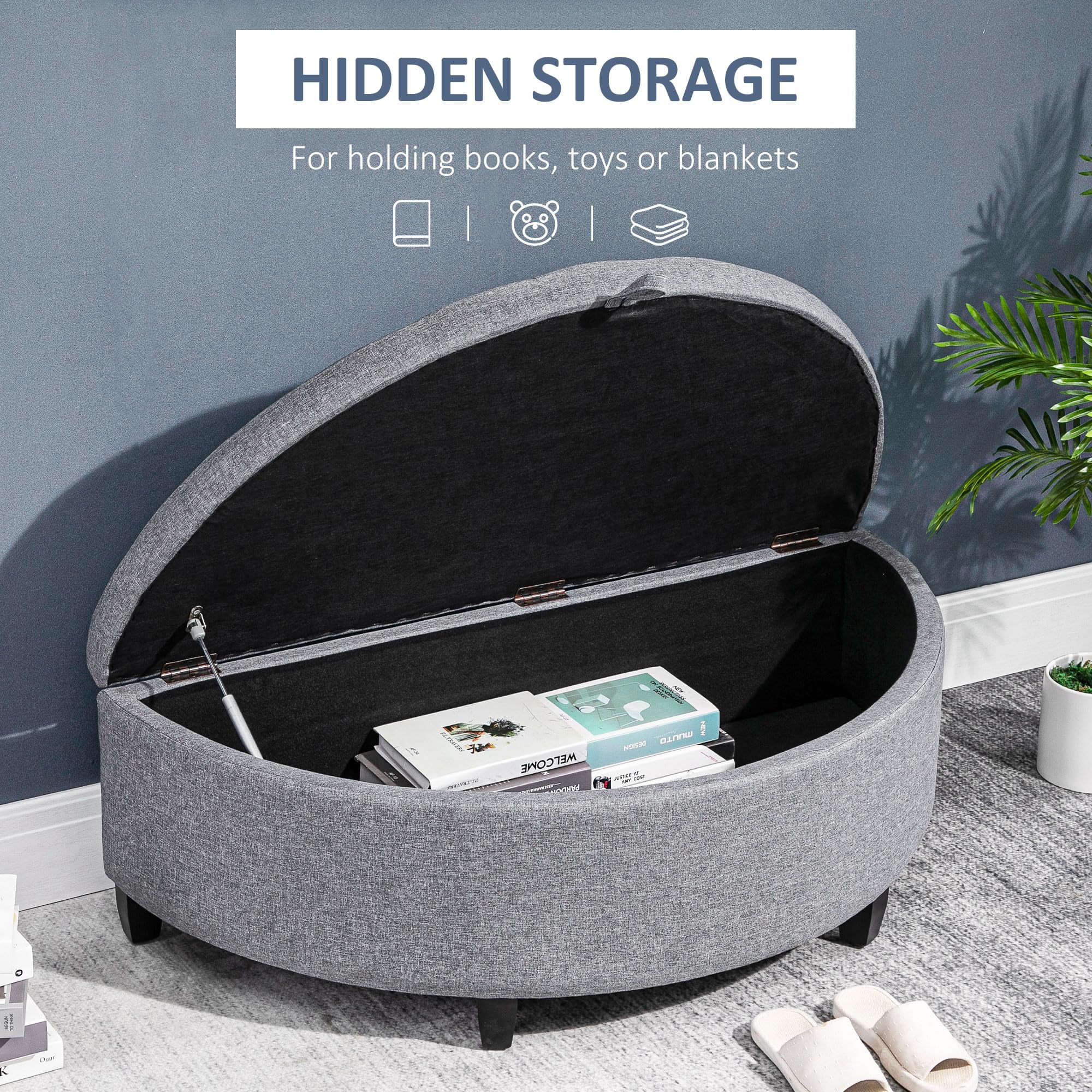 HOMCOM Half Moon Storage Ottoman, Upholstered Button Tufted Storage Bench with Lift Lid and Wood Legs, for Living Room, Entryway, Gray