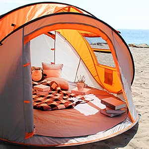 J.M.Deco 3-4 Person Pop Up Tents for Camping with 2 Windows, Backyard Sunny Beach Instant Popup Tent for Family, Hiking Camping Tents 4 People for Backpacking, Easy Setup Tent 110''x70''x50'',Orange