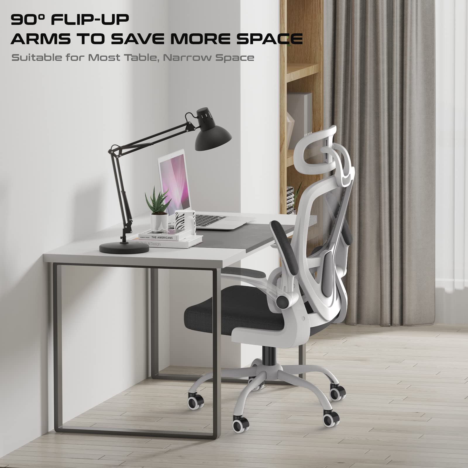 Home Office Desk Chairs Ergonomic Chair with Lumbar Support Flip Up Arms Mesh Computer Chair with Comfortable Wide Seat Adjustable Headrest (White)