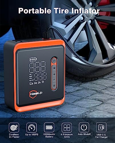Tire Inflator Portable Air Compressor - KEEPUP 150 PSI Cordless Air Pump with 10000mAh Rechargeable Battery for Car Tires Ebike Motorcycles Bicycles Balls