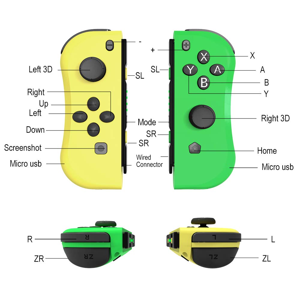 KINVOCA Joy Pad Controller for Nintendo Switch, L/R Switch Controller Replacement, Wired/Wireless Switch Remotes - Green and Yellow with Grip
