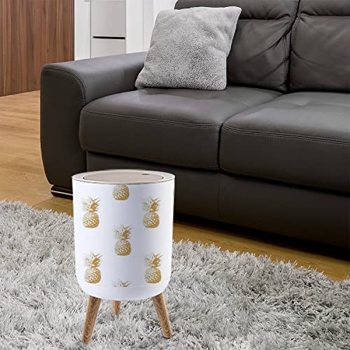 Small Trash Can with Lid Gold Pineapple Seamless Stock 7 Liter Round Garbage Can Elasticity Press Cover Lid Wastebasket for Kitchen Bathroom Office 1.8 Gallon