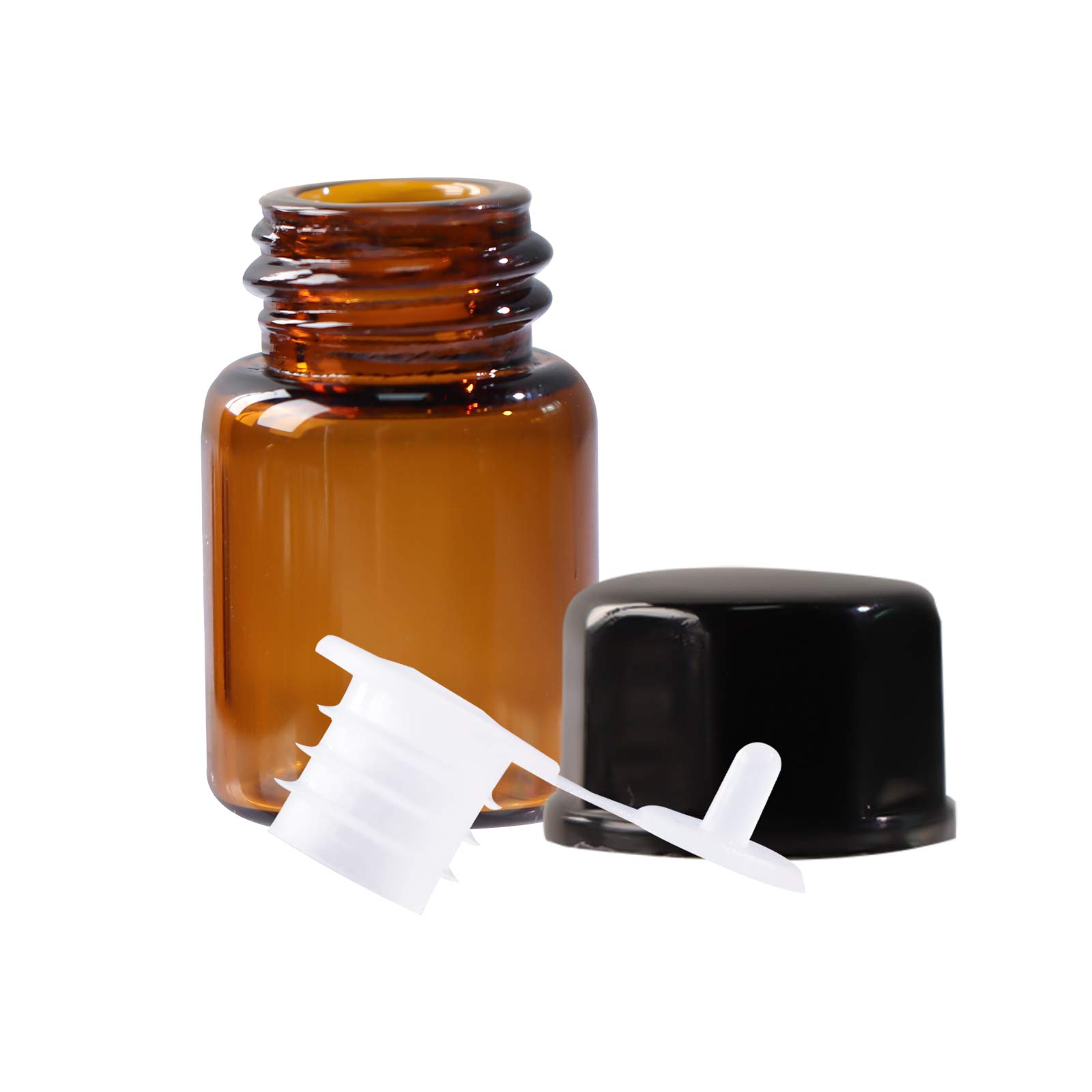 HWASHIN 100 Pack 2ml (5/8 Dram) Amber Mini Glass Essential Oils Sample Bottles with Black Caps for Essential Oils, Perfumes & Lab Chemicals (30ml Measuring Cup and 5 Droppers Included)