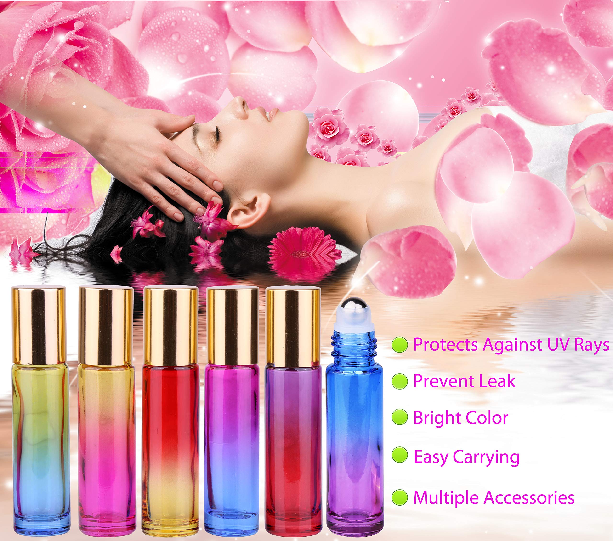 inice 12 Pack,Roller Bottles Gradient Color Glass for Essential Oils,10ml Roll on Bottle with Golden Metal Cap for Perfume