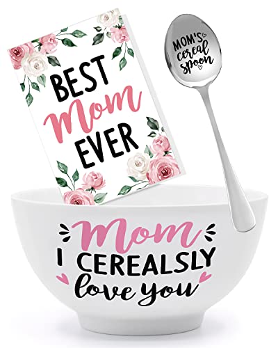 Mom's Cereal Bowl and Spoon Set with Best Mom Ever Greeting Card Christmas Mother's Birthday Engraved Gift Box Basket Idea for Her Cerealsly Love You Mommy Present Set of 3 Thanksgiving New Year