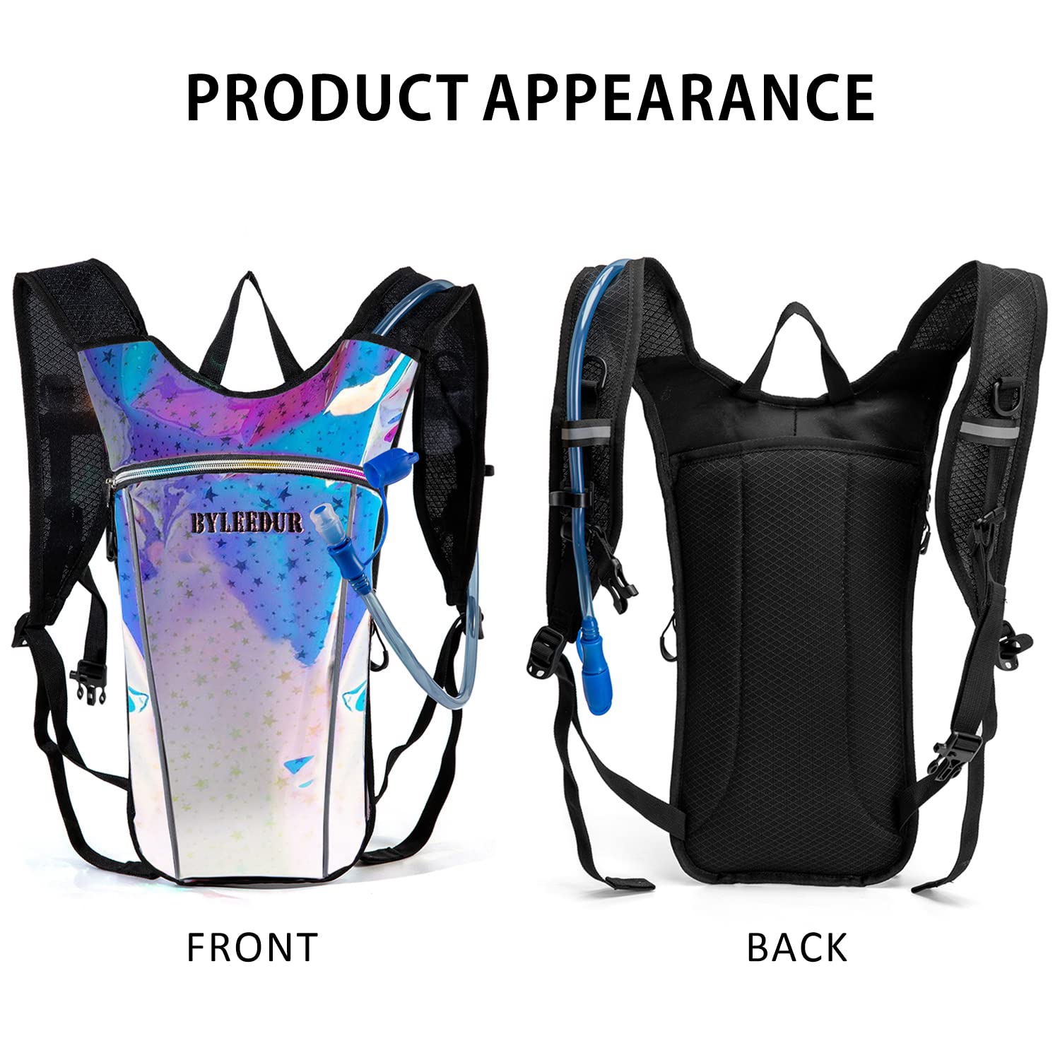 Hydration Backpack with 2L Water Bladder for Men & Women Suitable for Festivals, Raves, Hiking, Biking, Climbing, Running, Outdoors and More (Stars)