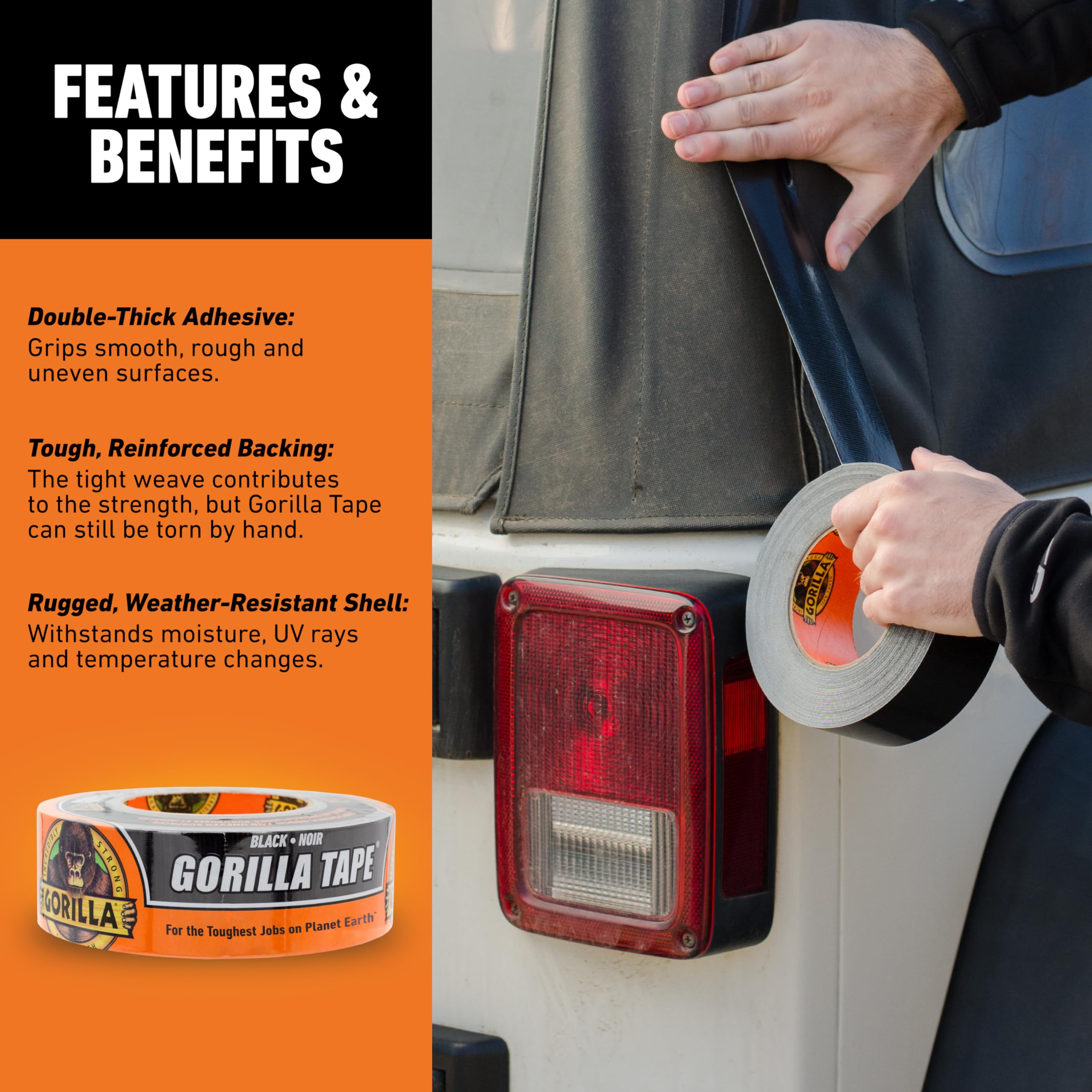 Gorilla Tape, Duct Tape, Utility Tape, Triple Layer Strength, Indoor & Outdoor, Weather Resistant Shell, 1.88 in x 35 yd, Black, (Pack of 2)