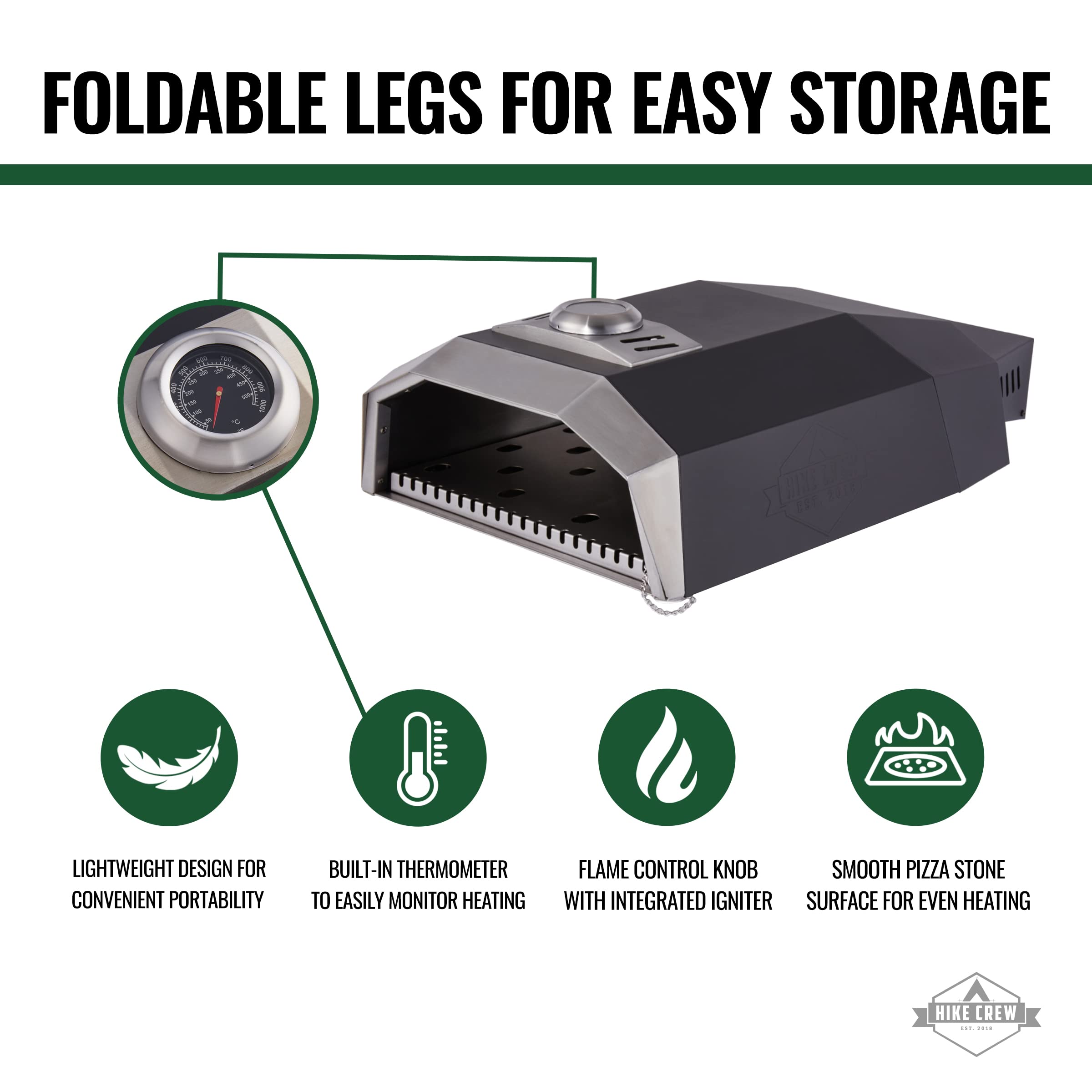 Hike Crew 12” Outdoor Propane Pizza Oven | Compact, Portable Personal Pizza Maker for Camping Kitchen with Flame Control Knob, Pizza Stone, Cutter, Peel, Thermometer, Gas Regulator, Hose & Carry Bag