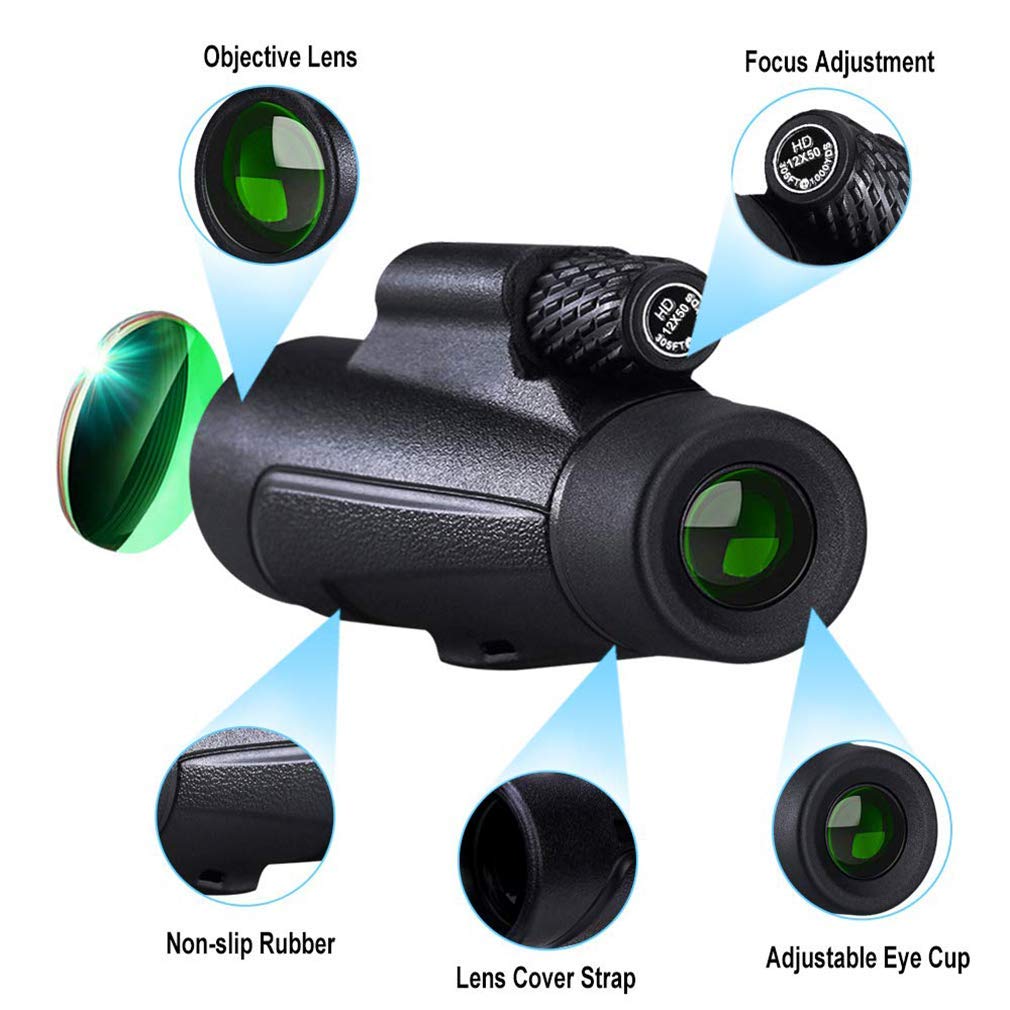 Hd Durable Monocular Telescope 12X50 Hd High Power Lens with Smart Phone Amount Tripod Waterproof Bak4 Prism Fmc