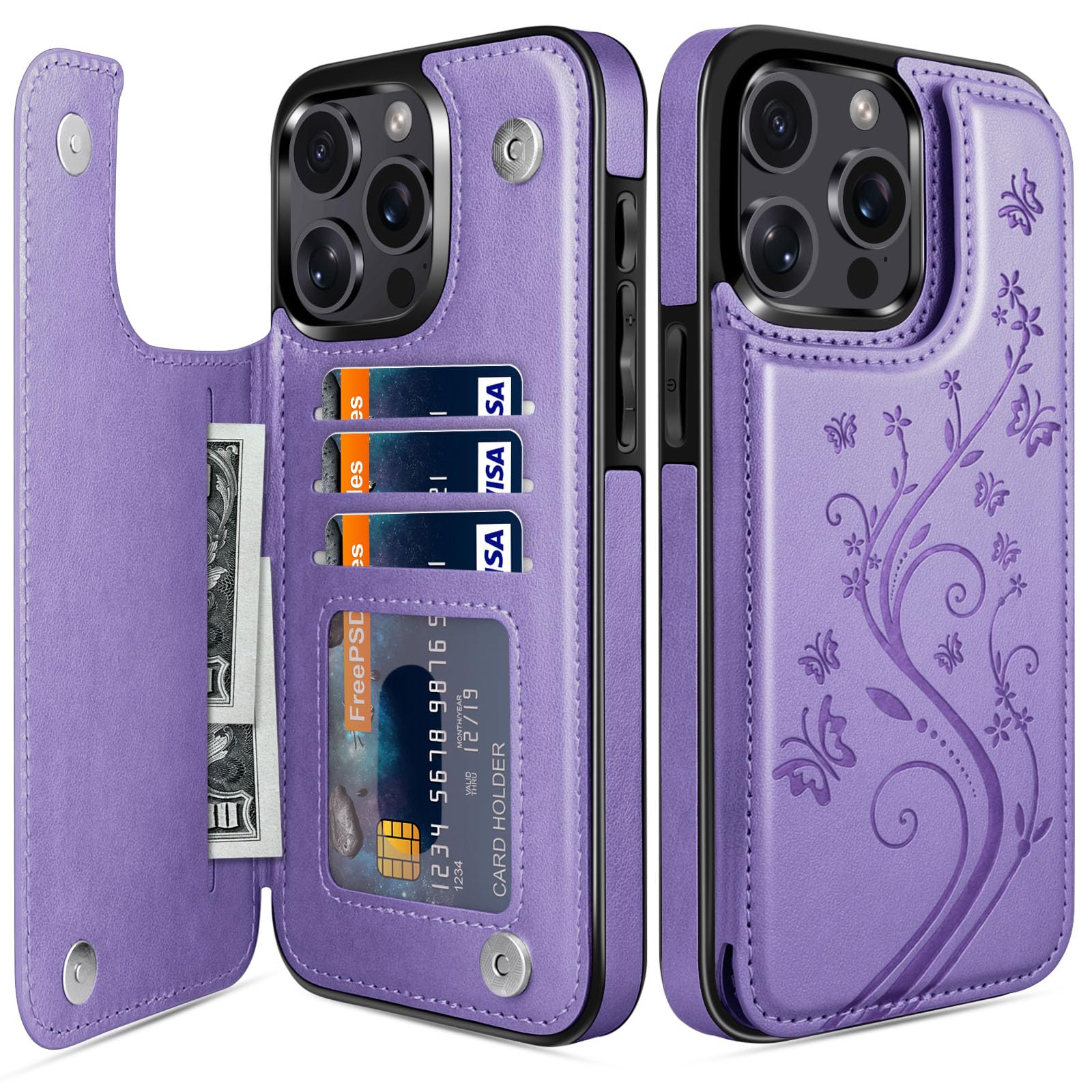 iMangoo for iPhone 15 Pro Max Case Wallet Credit Card Holder Slot,iPhone 15 Pro Max Case Women Cute Flower Pattern PU Leather Magnet Clasp Flip Cash Sleeve Phone Cover for iPhone 15 Pro Max Purple