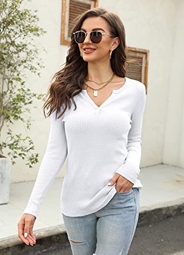 Women's V Neck Waffle Knit Henley Tops Casual Long Sleeve Pullover Sweater Blouses (White, Medium)