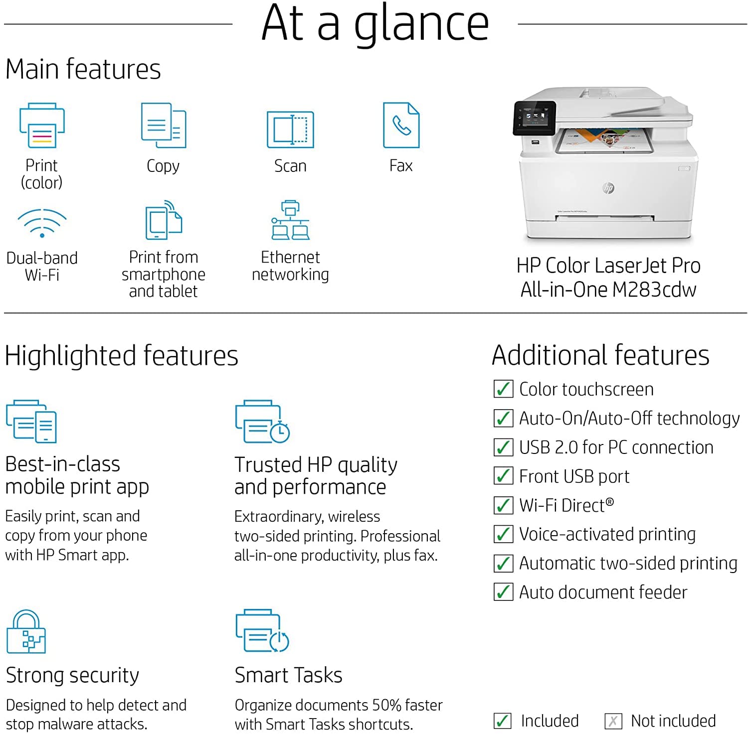 HP Laserjet Pro MFP M283cdw All-in-One Wireless Color Laser Printer- Print Scan Copy Fax - 22 ppm, 600 x 600 dpi, 8.5x14”, 50-Sheet ADF, Auto Duplex Printing, Etherne - WULIC Printer Cable