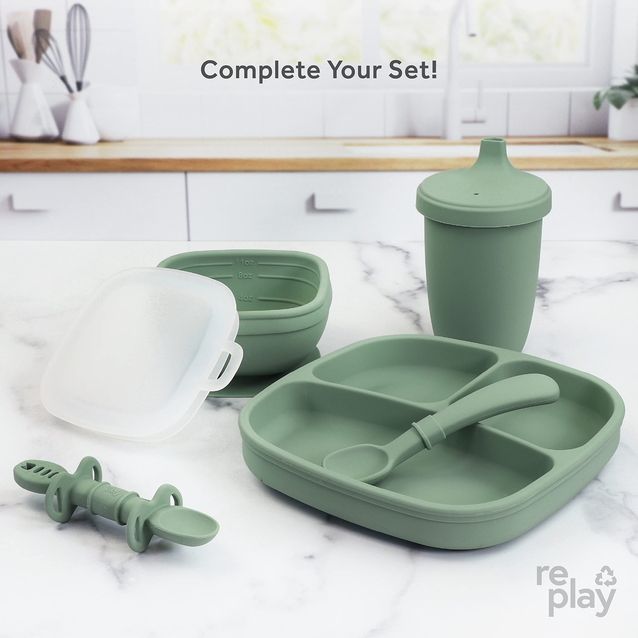 Re Play Sustainables Silicone 11 oz. Suction Bowl with Silicone Press In Lid - Made with Medical-Grade Platinum Silicone - With Lid - Sage