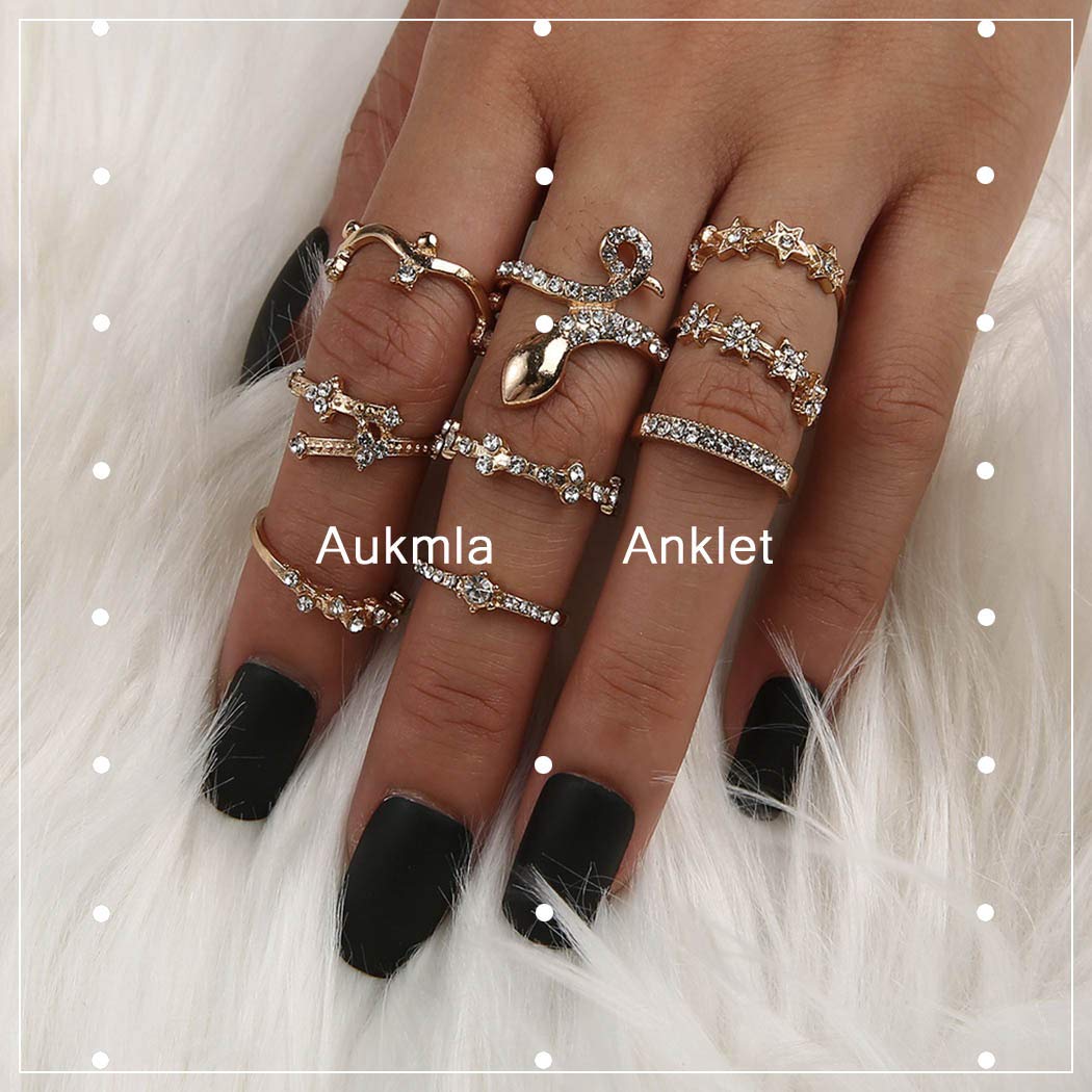 Ibliss Boho Rings Set Crystal Mid Joint Knuckle Rings Gold Snake Stackable Finger Rings Jewelry for Women and Girls 9PCS