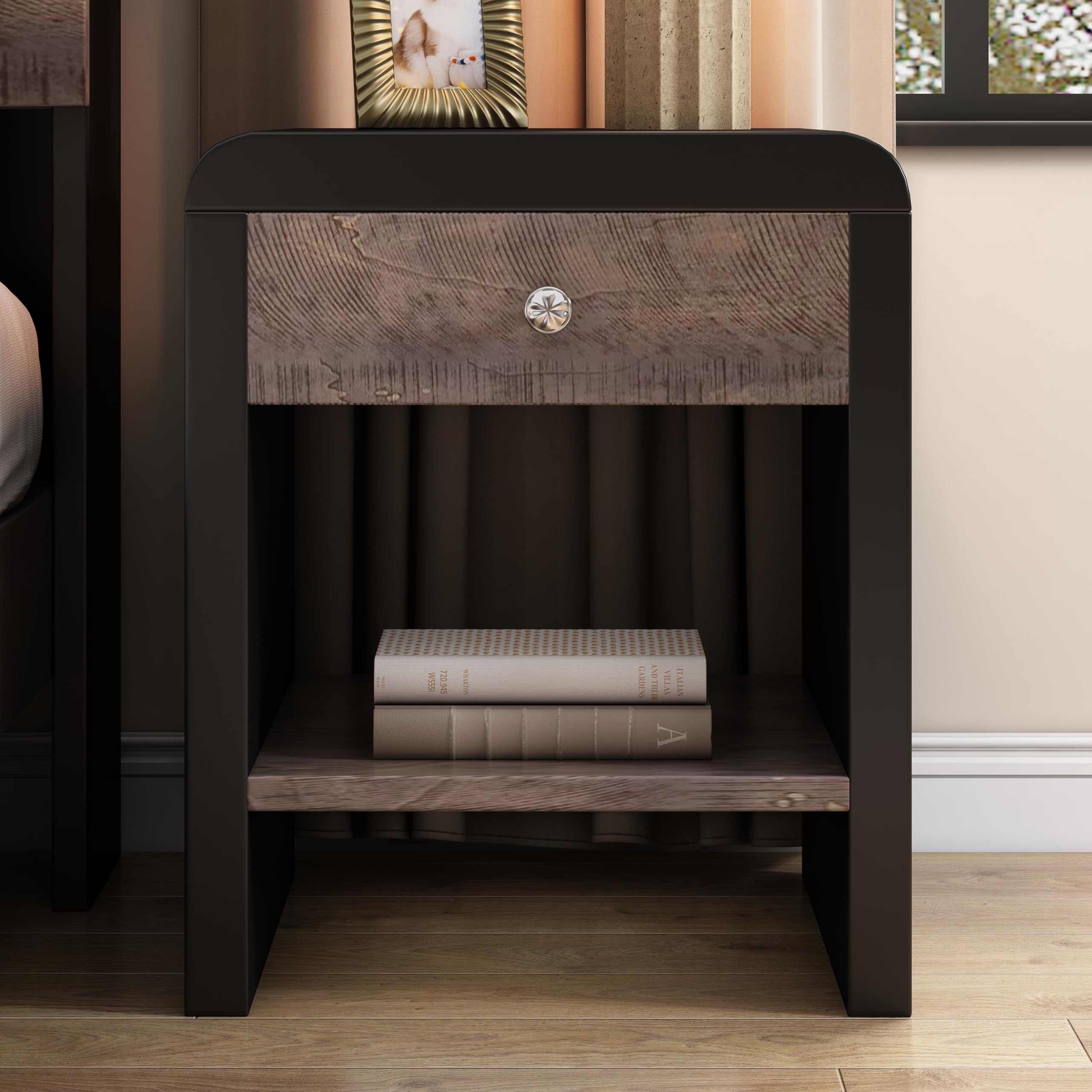 HESIEU Mid-Century Modern Nightstand with Single Drawer and Open Storage Side Table Sofa Table End Table Wood Finish for Bedroom Living Room Office