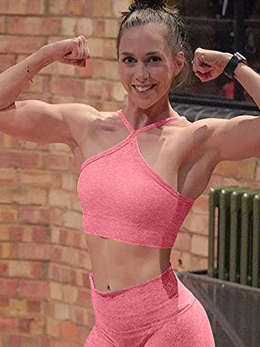 HYZ Women's Seamless Workout Gym Crop Top Adjustable Straps Sports Bra with Removable Padded Pink