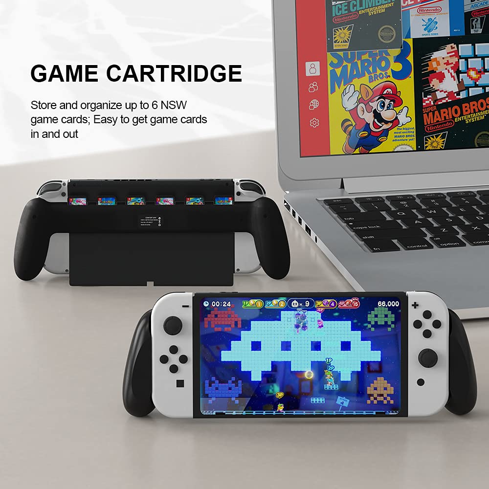 JDDWIN Grip Compatible with Switch OLED Model 2021 Ergonomic Handle Grip Stand for Switch OLED Model Console with Game 6 Card Storage Slots (Black)